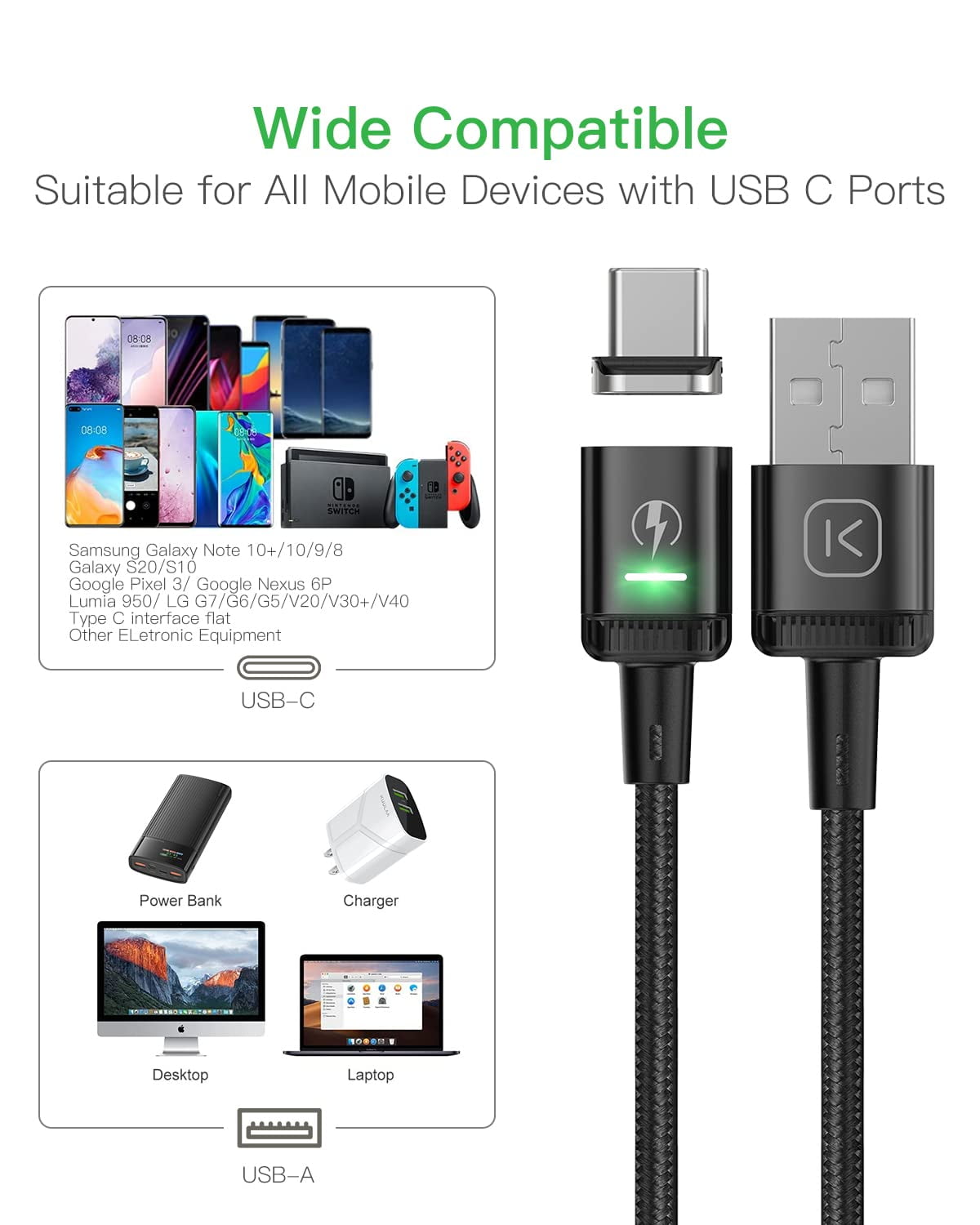 TRHOO-Magnetic USB C Cable (2 Pack 3ft/3ft) 3A Fast Charging USB Type C ...