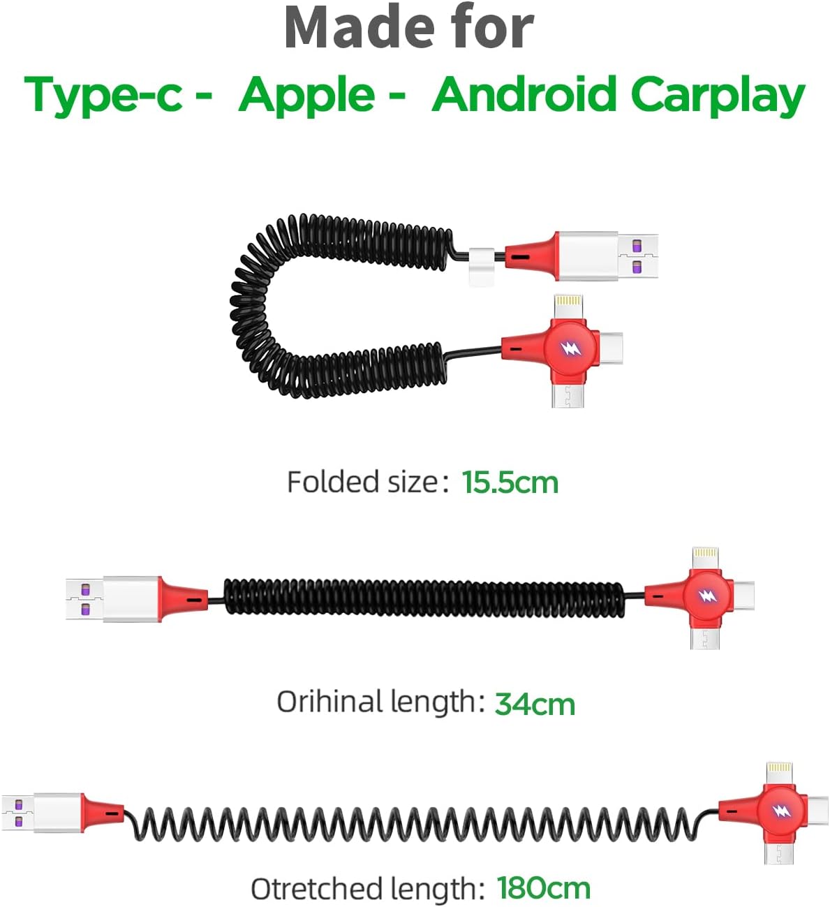 TRHOO-Multi Charging Cable for Apple CarPlay,Expansion Spring Coiled ...
