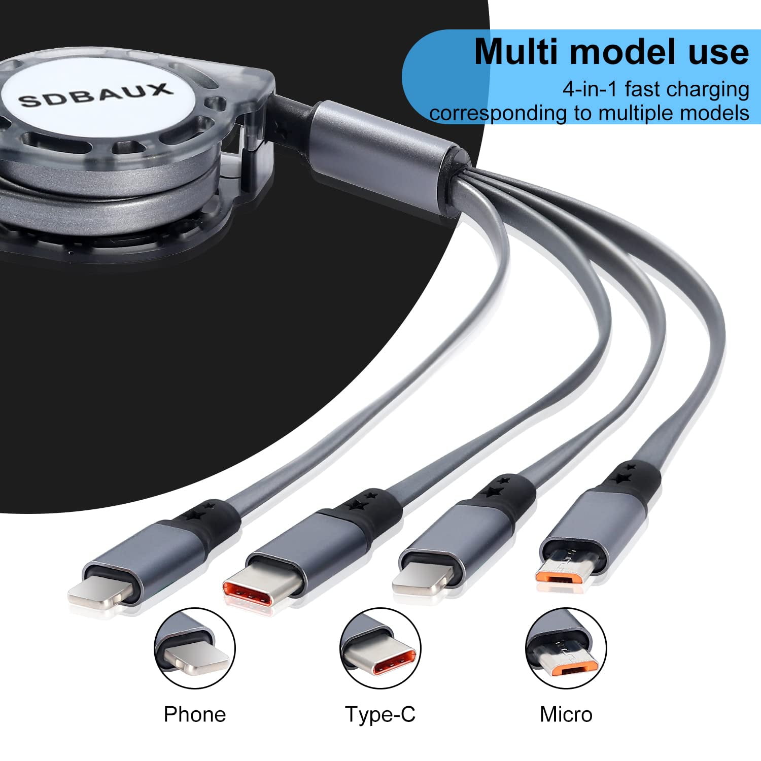 TRHOO-Multi Charging Cable,USB A to 4 in 1 Retractable Dual iP/Type C ...
