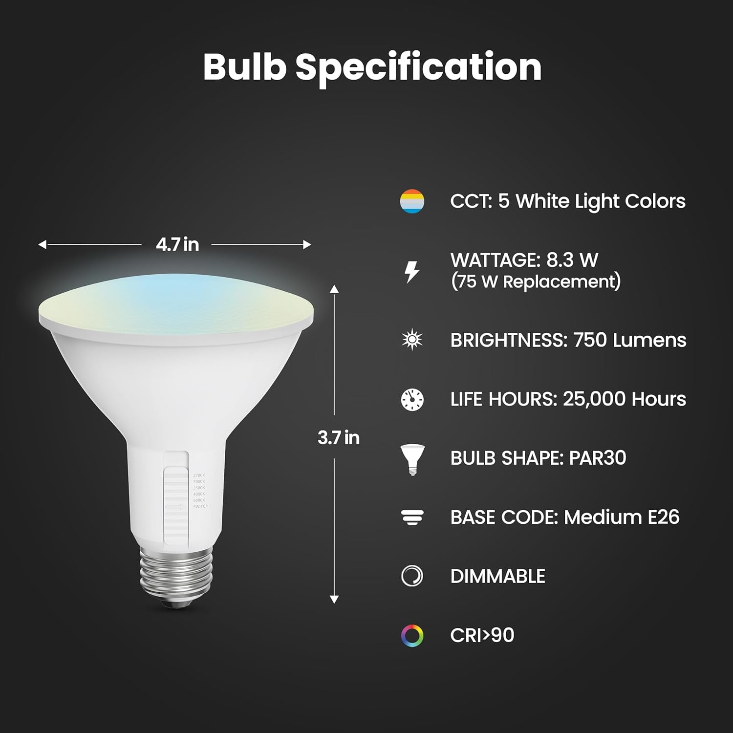 TRHOO-PAR30 LED Light Bulb, 75W Equivalent, Dimmable, Color Selectable ...