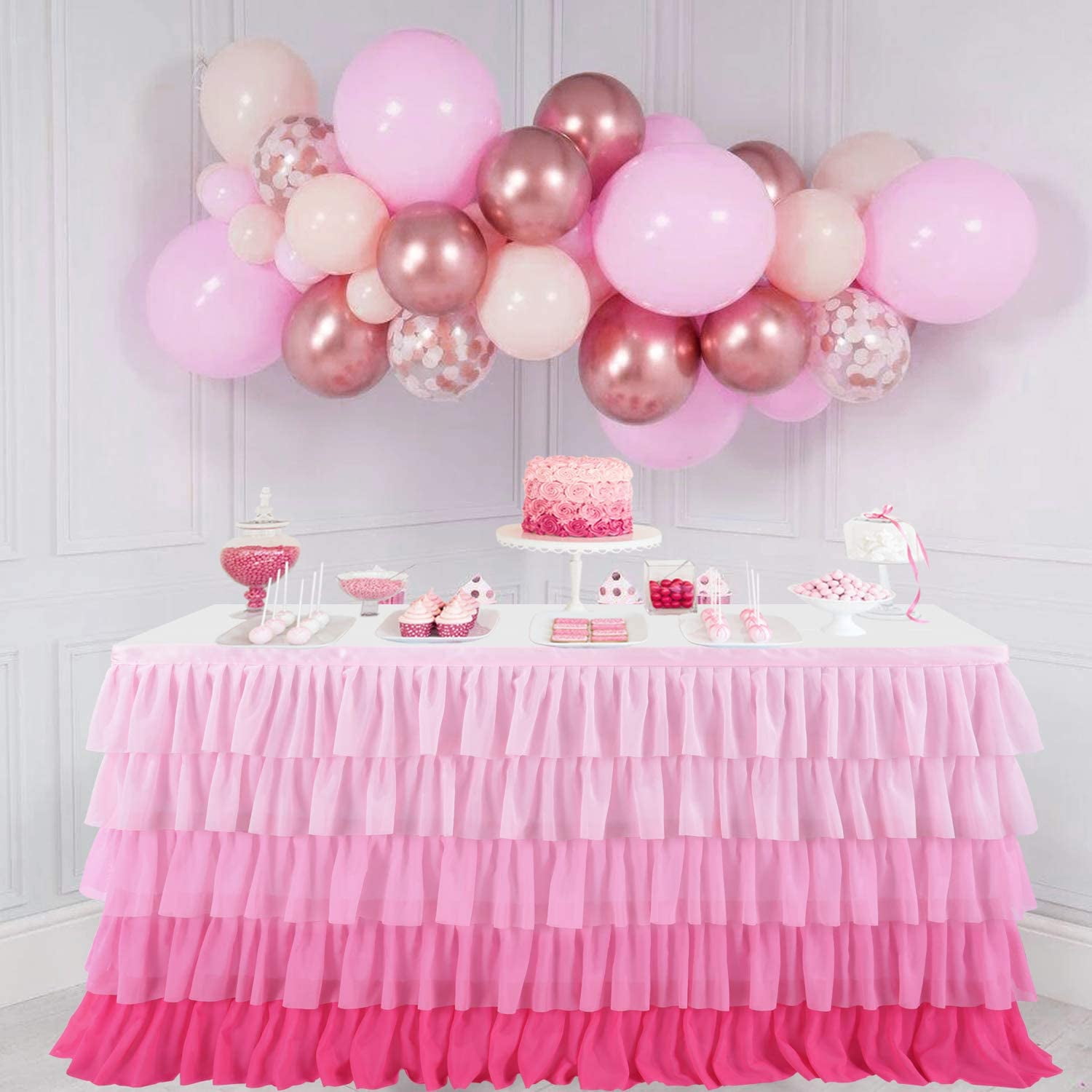 TRHOO-Pink Table Skirt Tutu Ruffled Tablecloth for Rectangle Table 6ft ...
