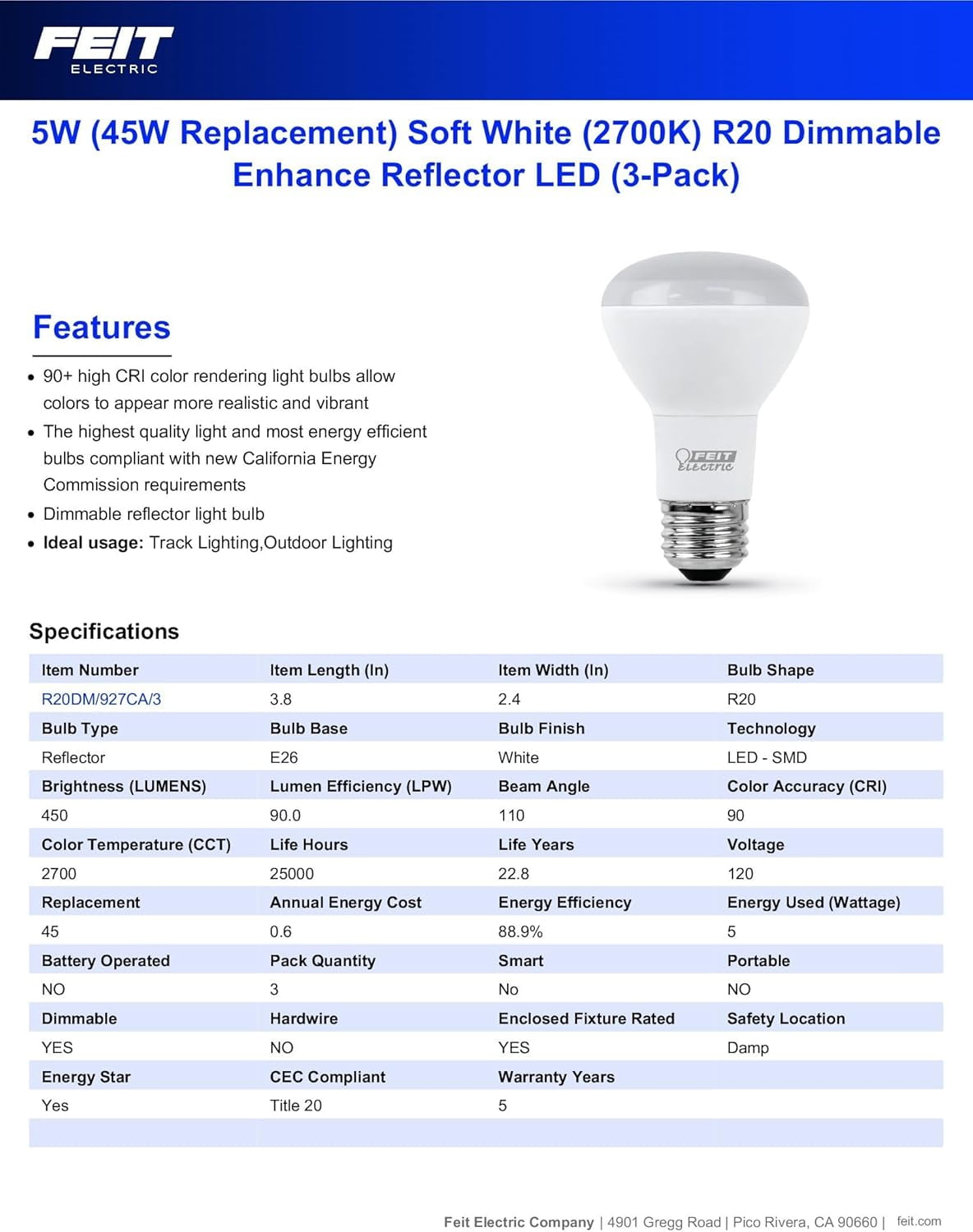 TRHOO-R20 LED Light Bulb, 45W Equivalent, Dimmable, 2700K Soft White ...