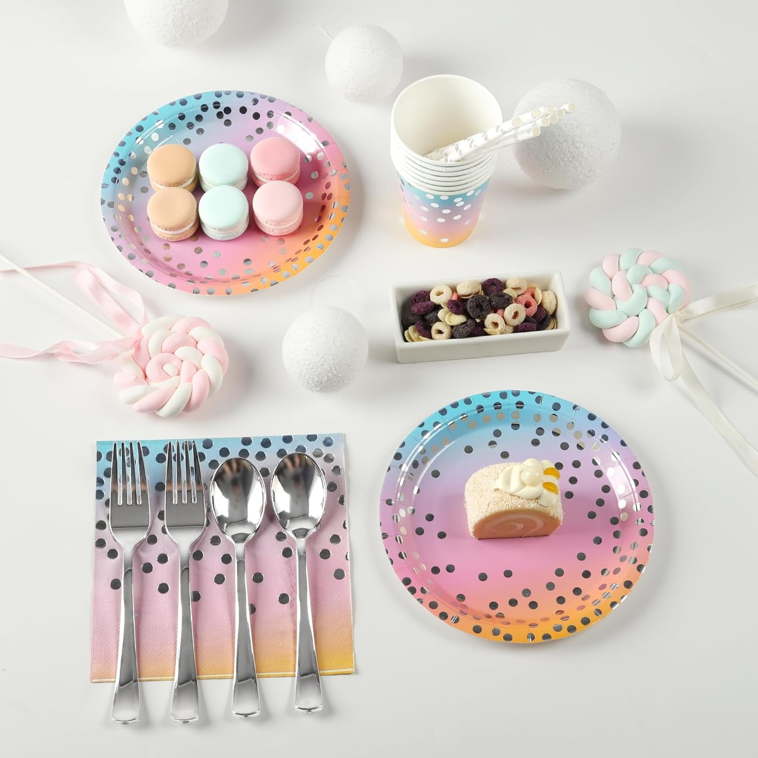 TRHOO-Rainbow Disposable Party Dinnerware Set, 192 pcs Pastel Paper ...