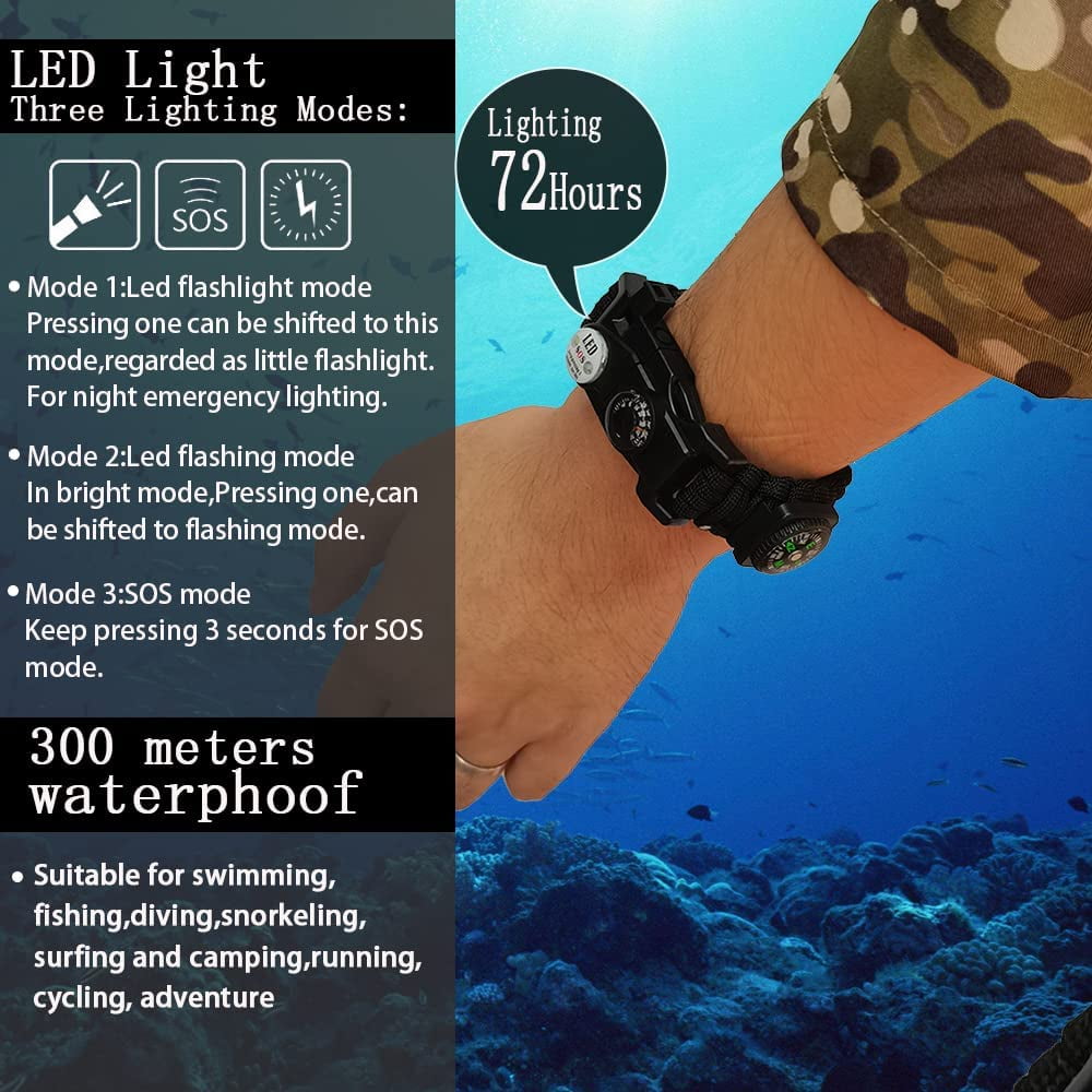 TRHOO-Survival Paracord Bracelet,Fire Starter,Waterproof SOS Light ...