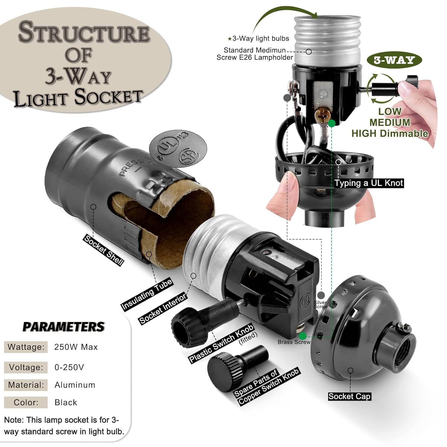TRHOO-Twist Switch 3 Way Lamp Socket,E26 Standard Medium Screw Light ...