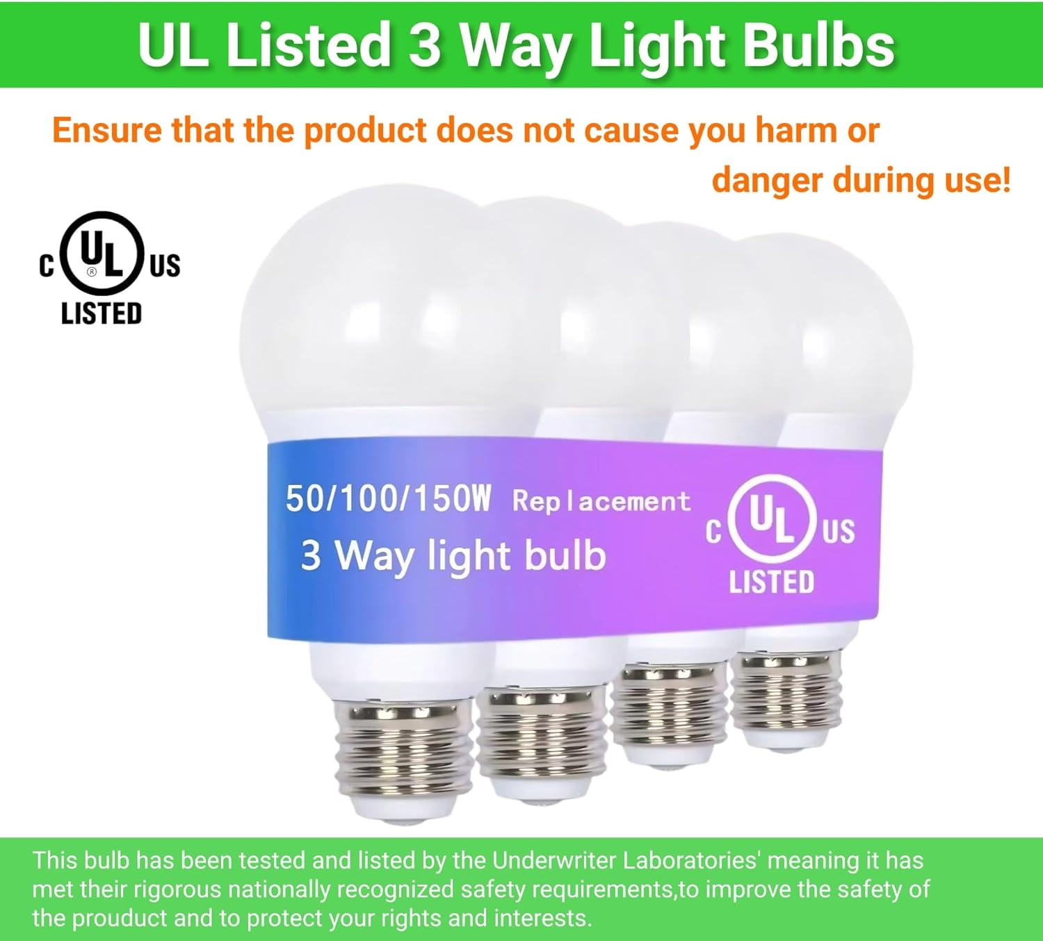 TRHOO-UL Listed 4-Pack 3 Way Light Bulbs Soft White 3000K 50 100 150 ...