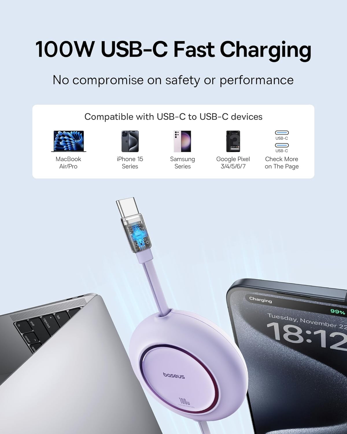 TRHOO-USB C Cable, PD 100W 6.6ft Retractable USB C to USB C Fast ...