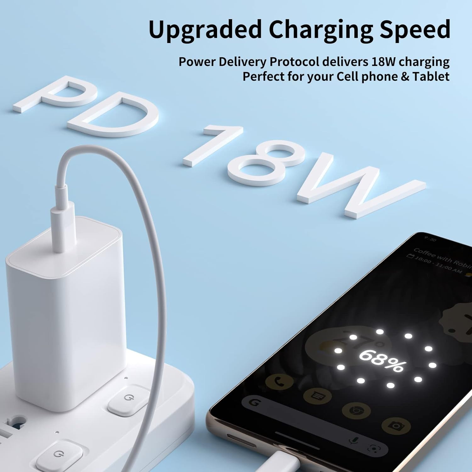 TRHOO-USB C Wall Charger for iPhone 16 Pro Pixel 9, 18W Plug-in Charge Block 3.3ft USB C Cable ...