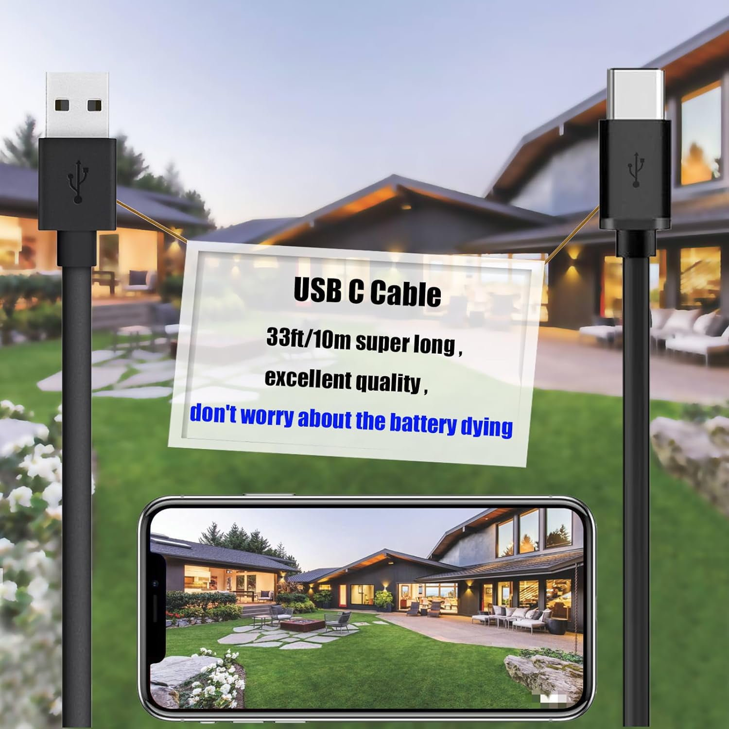 TRHOO-USB A to USB C Cable for Home Security Camera Power Extension C ...