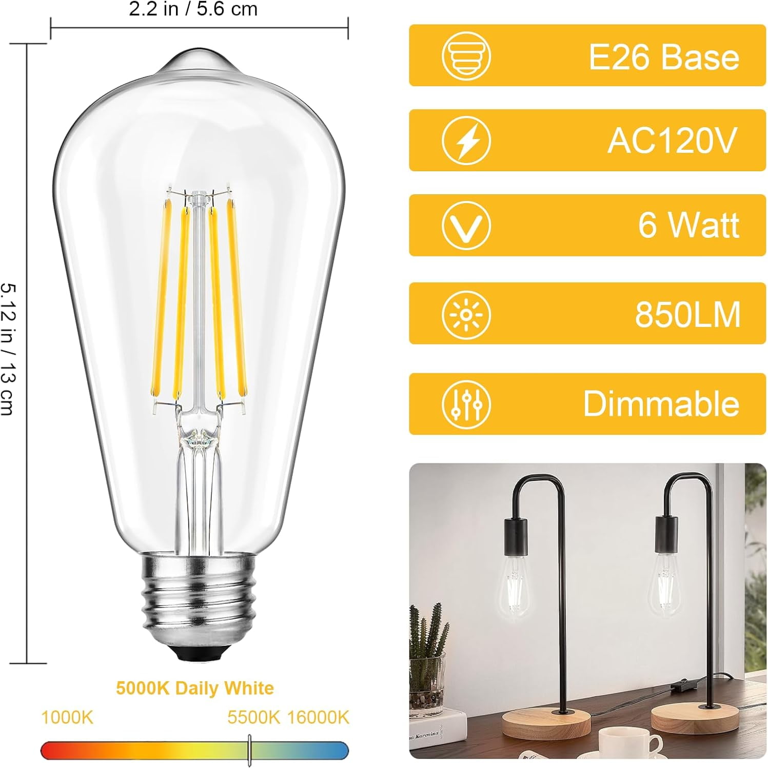 TRHOO-Vintage LED Edison Bulbs 60W Equivalent, 6W ST58 5000K Daylight ...