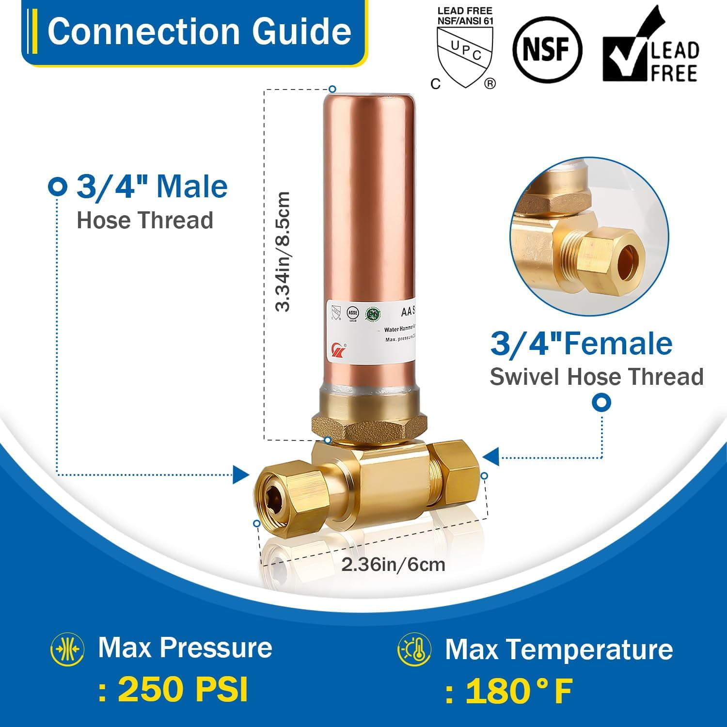 TRHOO-Water Hammer Arrestor 3/8" OD Comp x 3/8" FEM Comp Tee, Copper ...