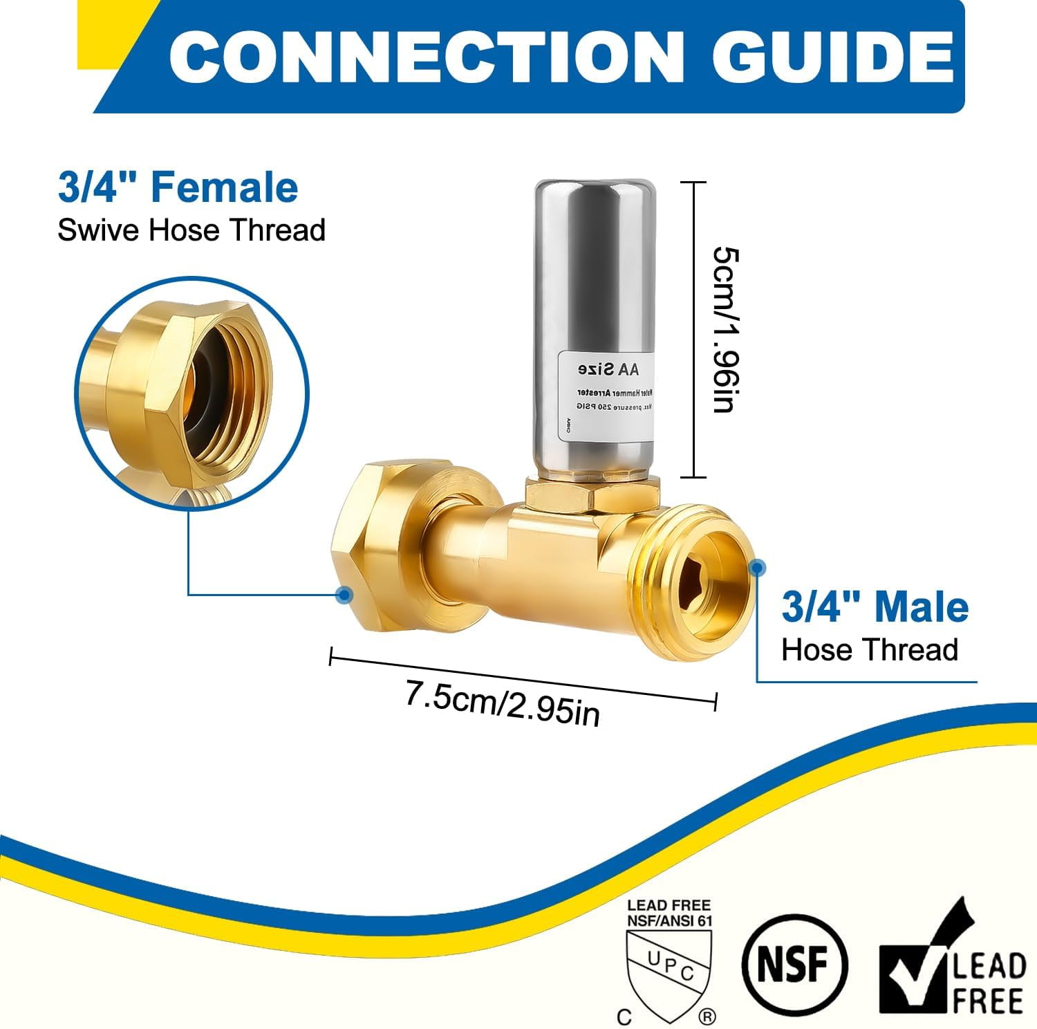 TRHOO-Water Hammer Arrestor for Washing Machine, 3/4 Inch Swivel FHT x 3/4 Inch MHT, Stainless ...