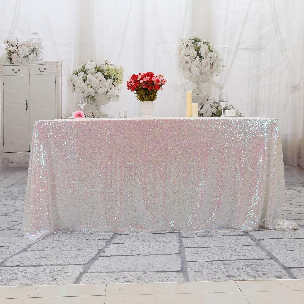 TRHOO-White Iridescent 60" x 102" Rectangle Sequin Tablecloth for Party ...
