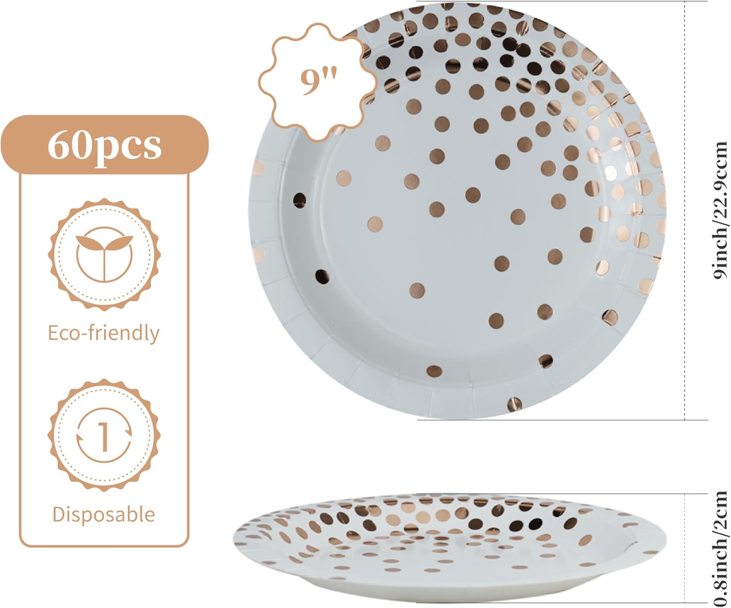 TRHOO-White and Rose Gold Foil Party Paper Plates 9'' Disposable Dinner ...