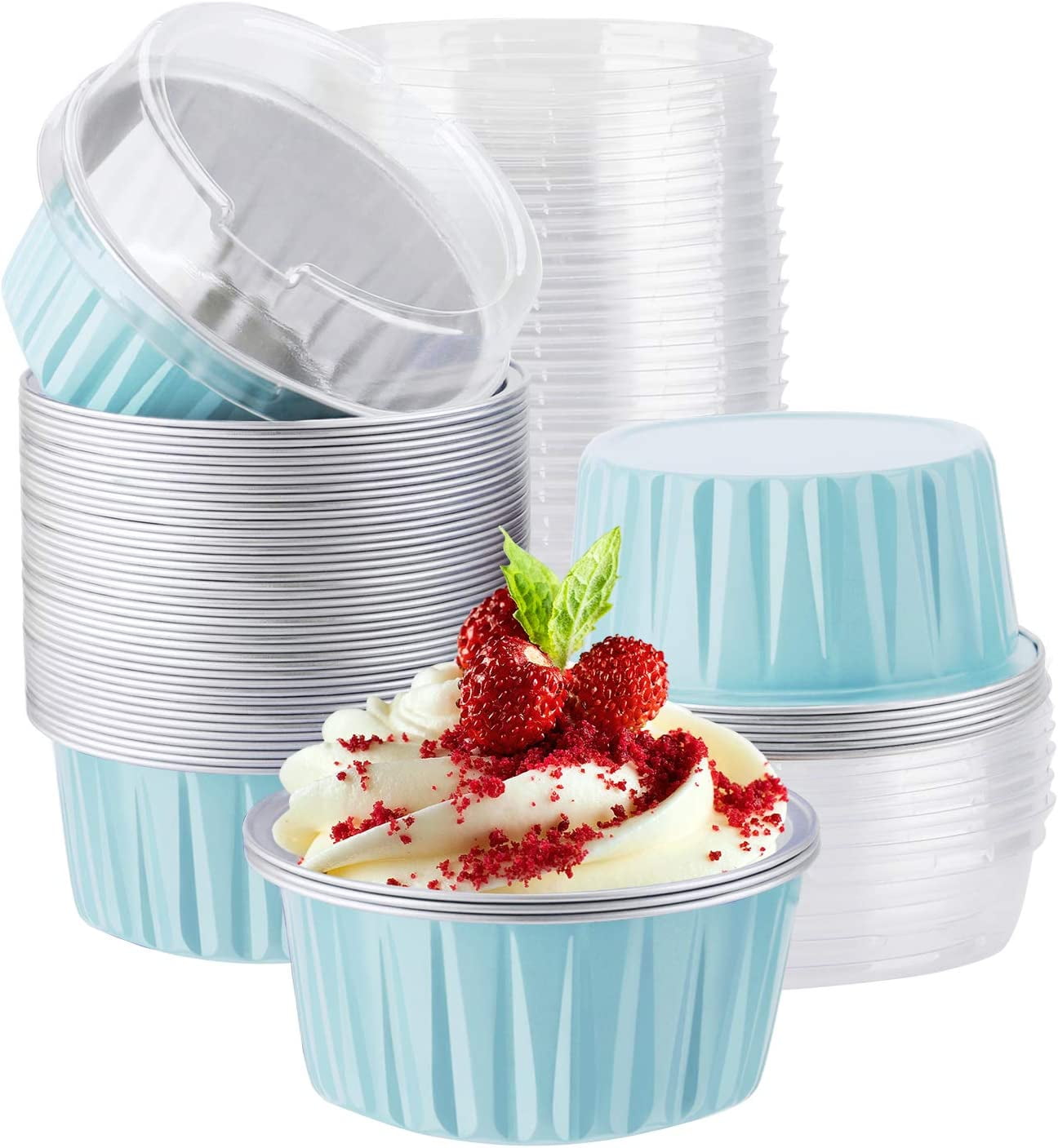 TRIANU 50pcs Mini Baking Cups with Lids, 5 OZ Disposable Foil Cupcake ...