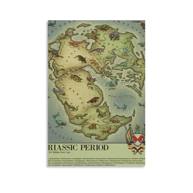 TRIASSIC period map (vintage syle) Medieval Bestiary. Pangea Map Canvas ...
