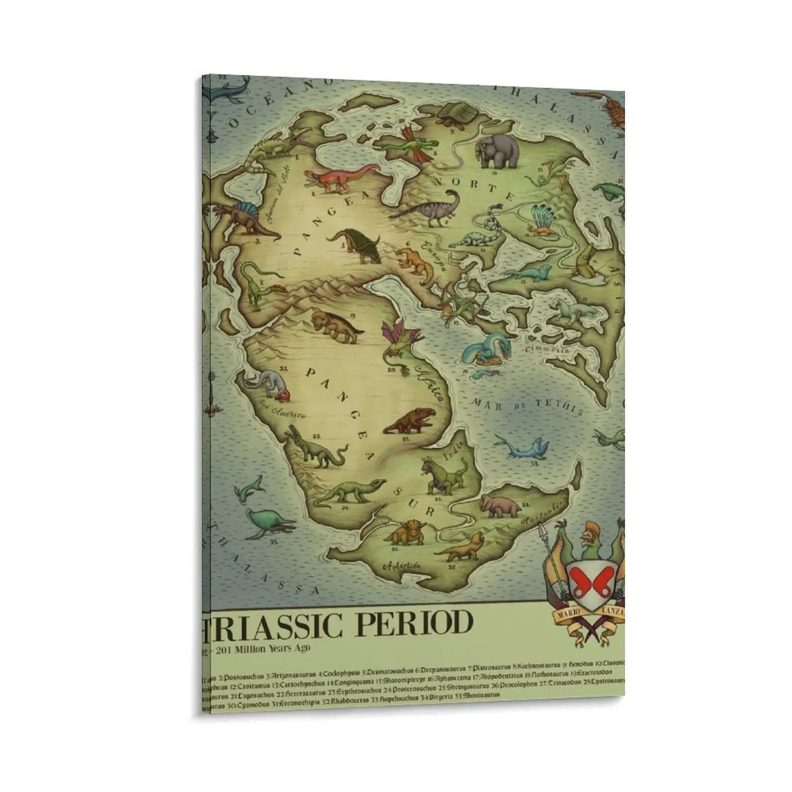 TRIASSIC period map (vintage syle) Medieval Bestiary. Pangea Map Canvas ...