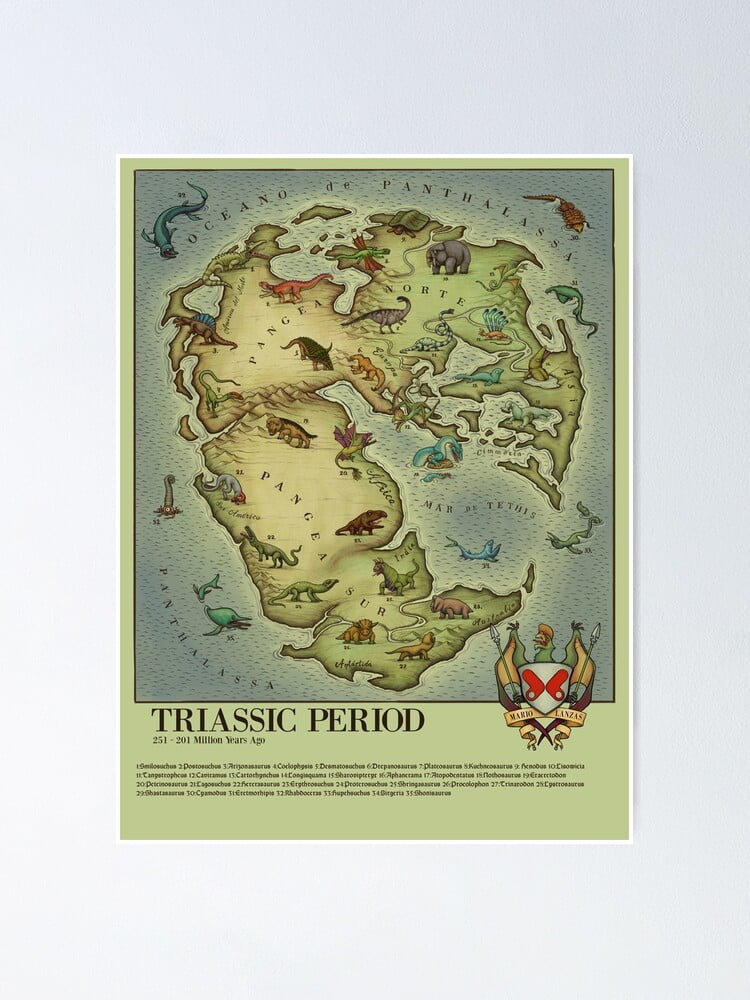 TRIASSIC period map (vintage syle) Medieval Bestiary. Pangea Map Canvas ...