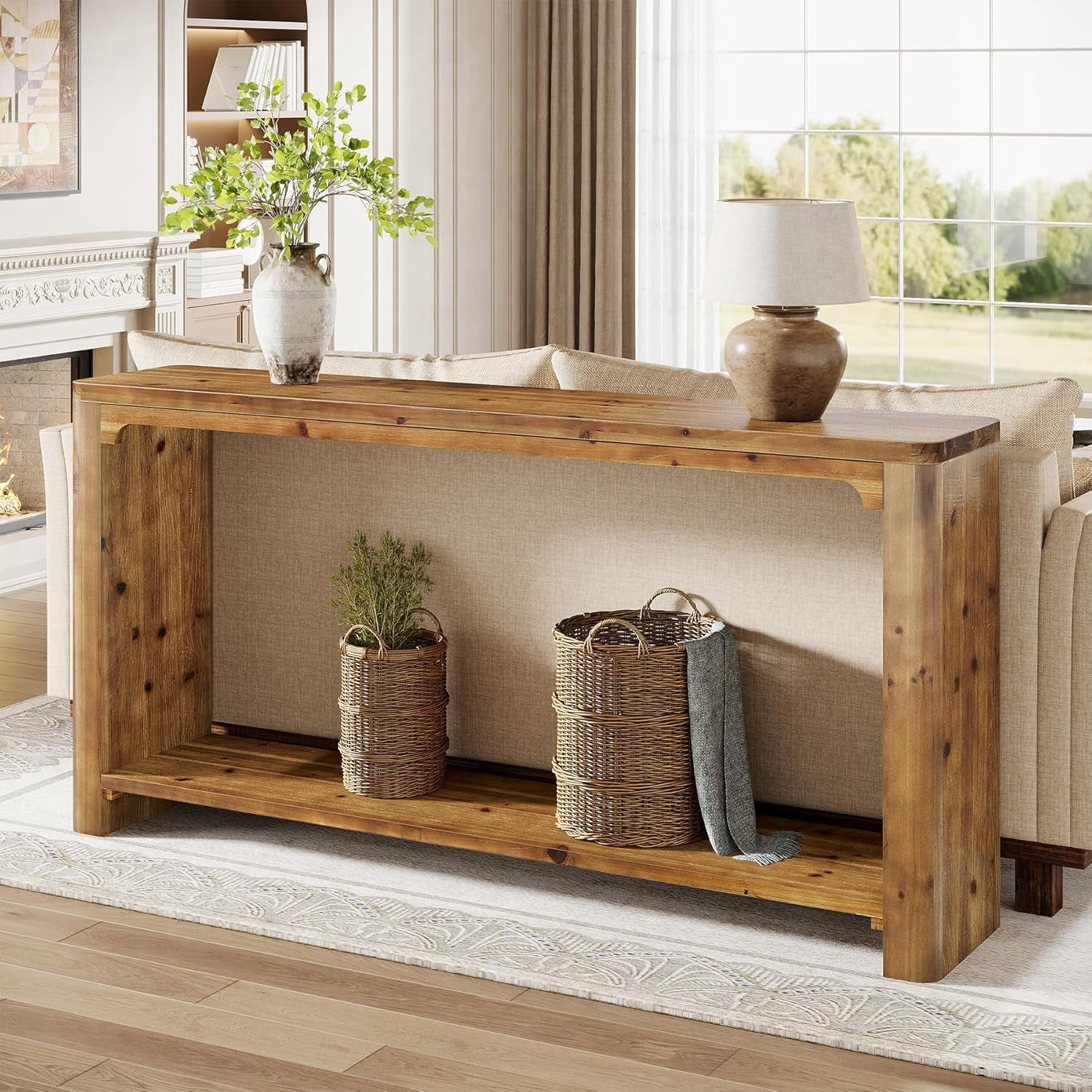TRIBEWOOD 2-Tier Wooden Sofa Table, 63" Behind The Couch Table ...