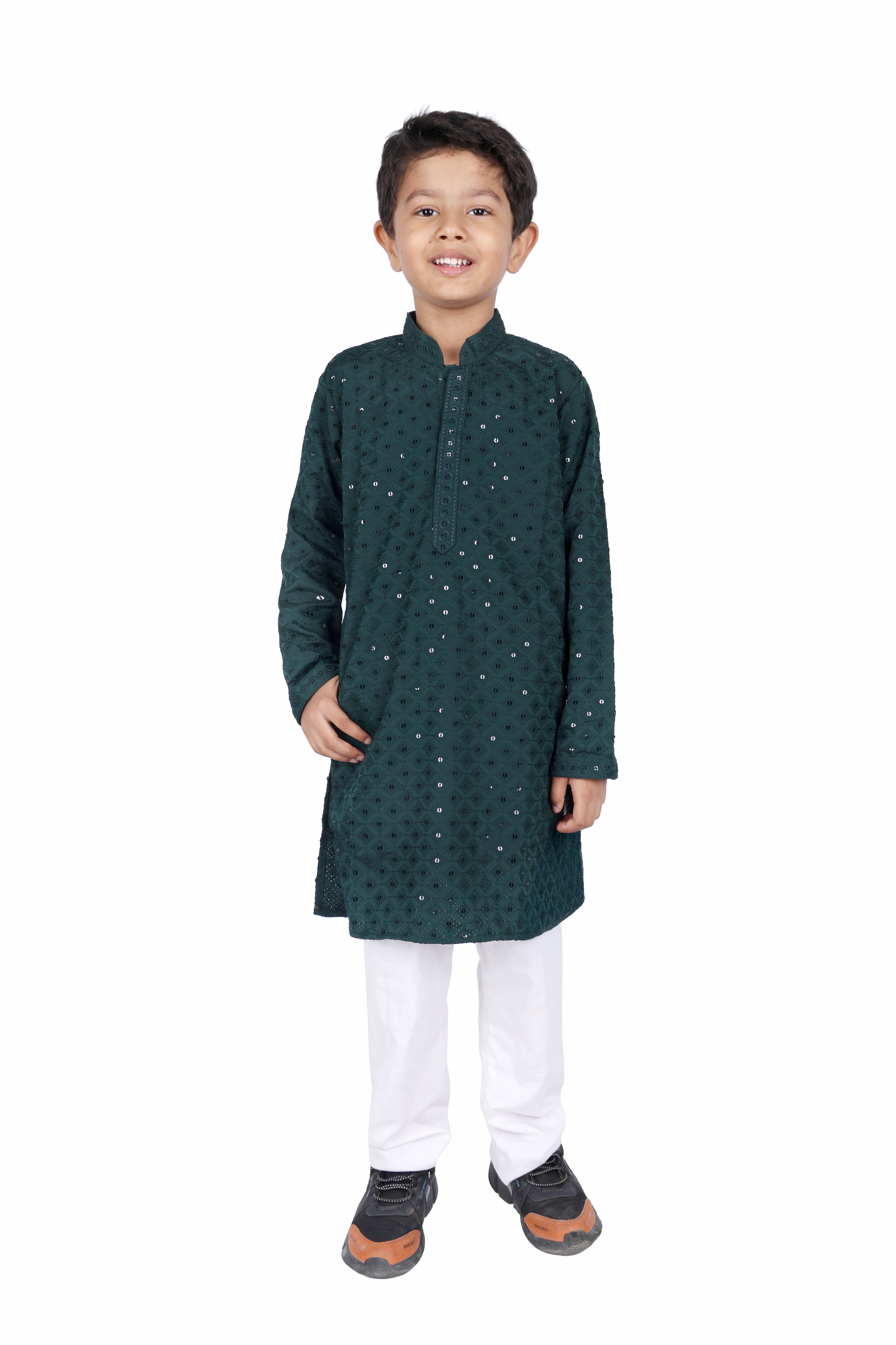 TRILOKI Kids Kurta Set for Boys Sequined Embroidery Bottle Green Rayon ...