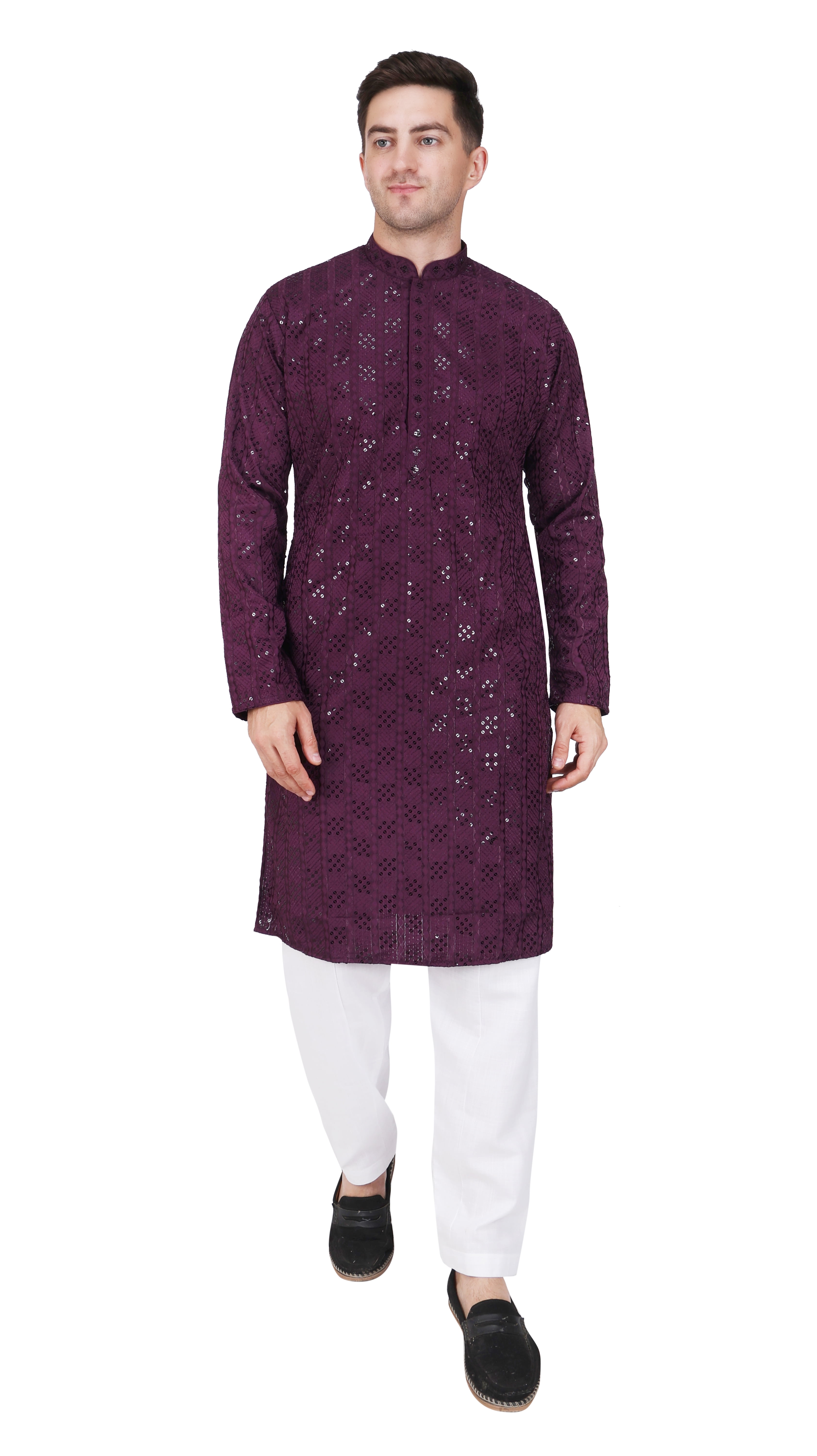 TRILOKI Mens Embroidered Sequined Kurta Pajama Set Rayon Ethnic Indian Traditional Wear Wedding ...