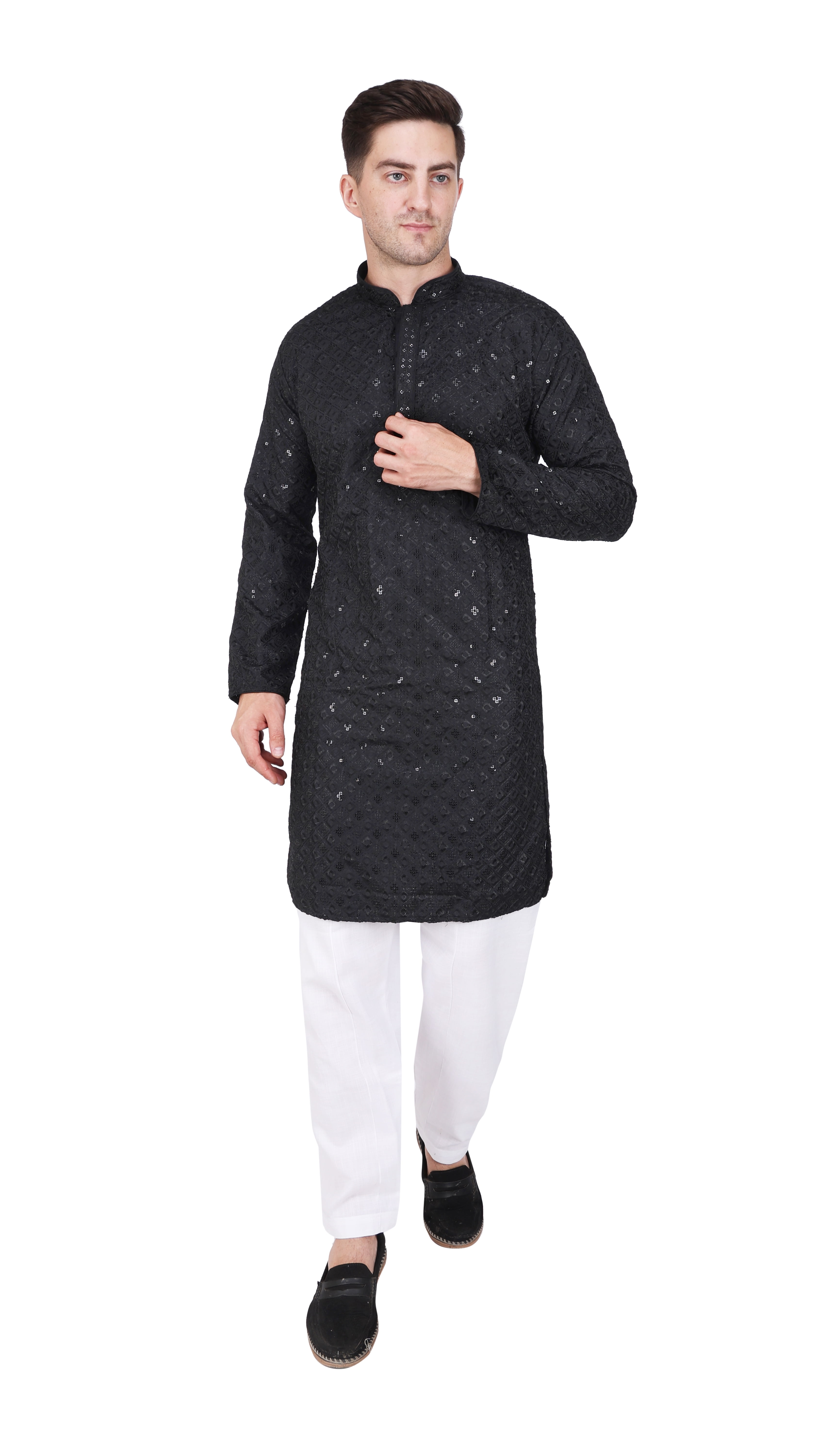 TRILOKI Mens Embroidered Sequined Kurta Pajama Set Rayon Ethnic Indian Traditional Wear Wedding ...
