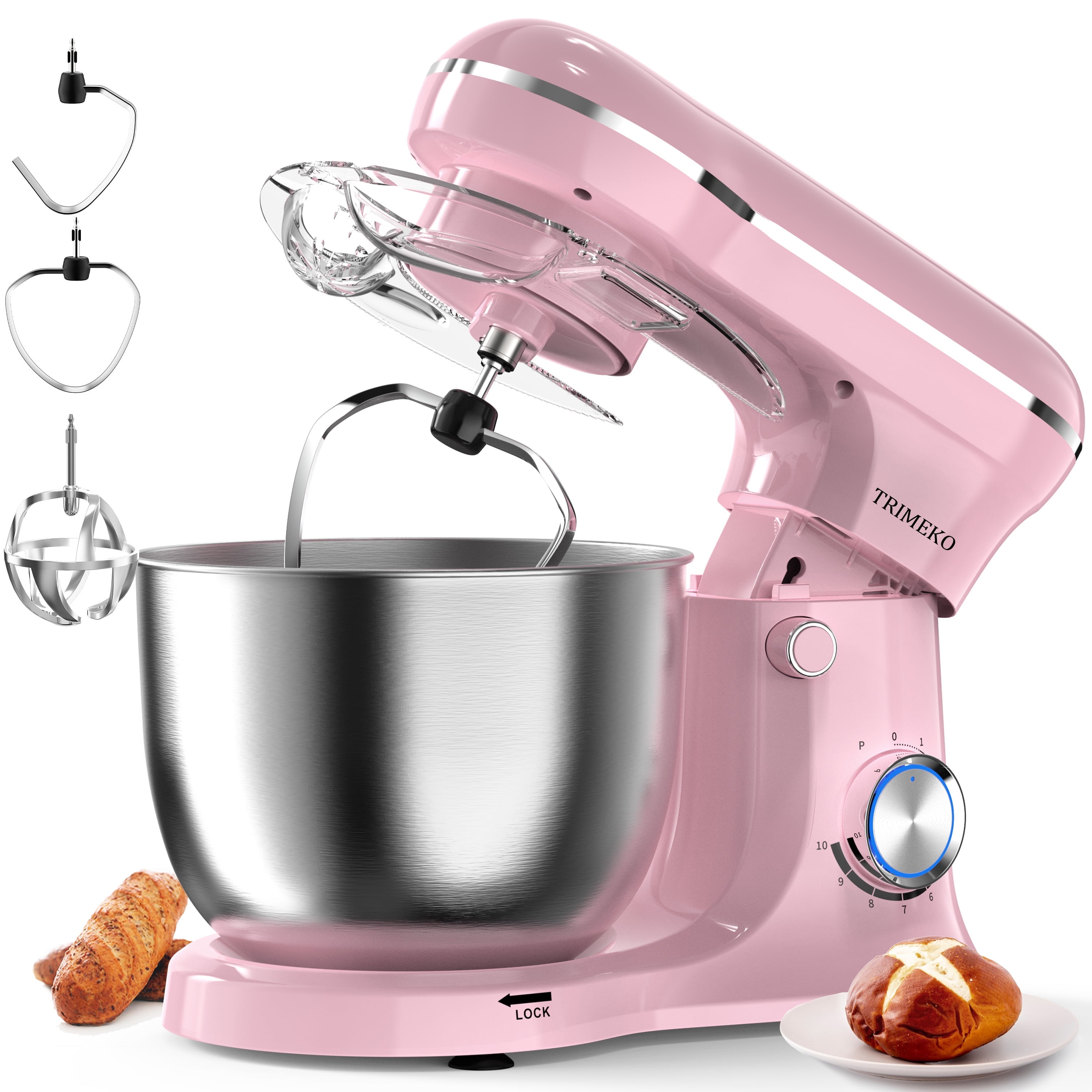 TRIMEKO 5.5 Qt Stand Mixer, Pink with Whisk, Dough Hook, Mixing Beater ...
