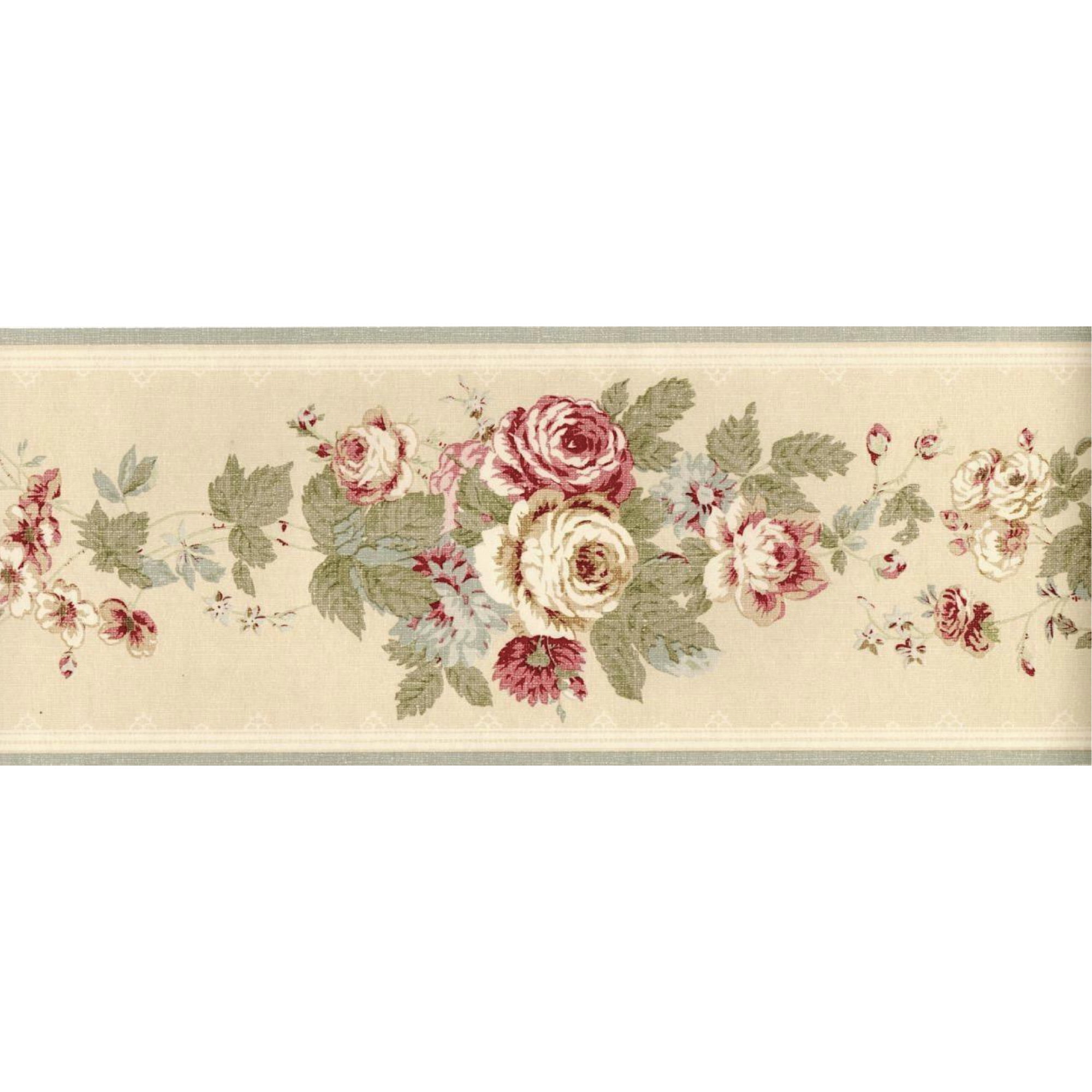 TRIMZ Roses Wallpaper Border - French Country Style - Beige, Red, Green ...