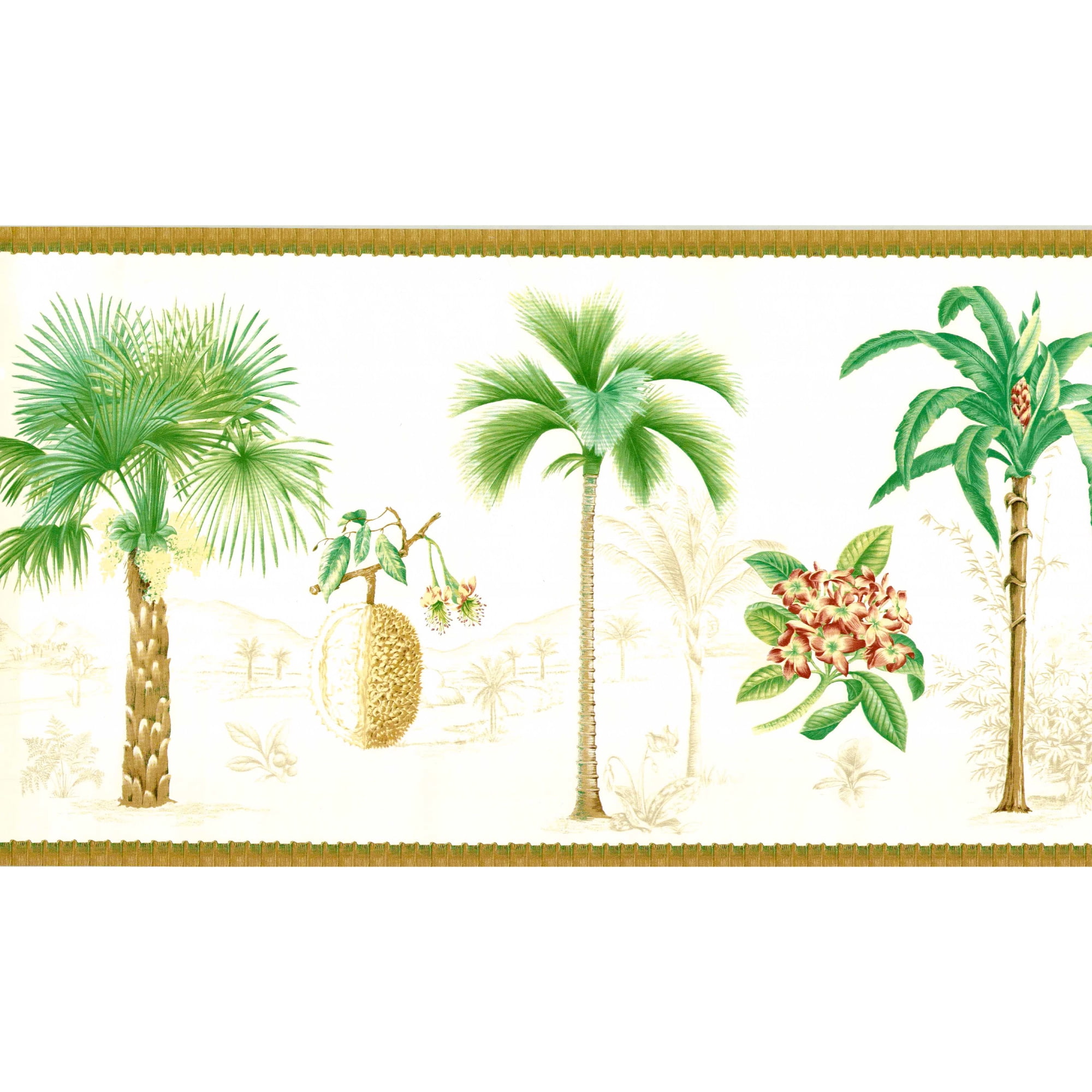 TRIMZ Tropical Palm Tree Wallpaper Border - White, Green, Brown 15' L x ...