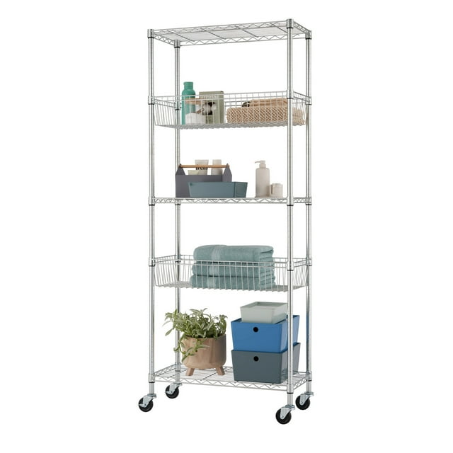 TRINITY EcoStorage® 5-Tier Commercial Wire Shelving w/ Baskets & Wheels ...