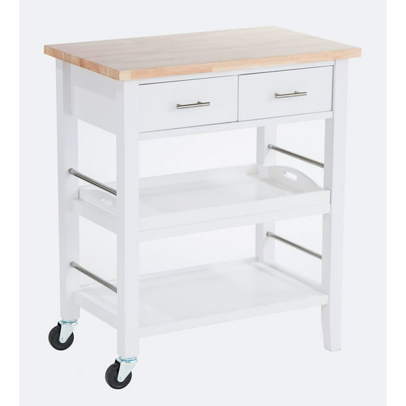 TRINITY Wood Kitchen Cart w/ Butcher Block Countertop, Drawers, Shelves ...