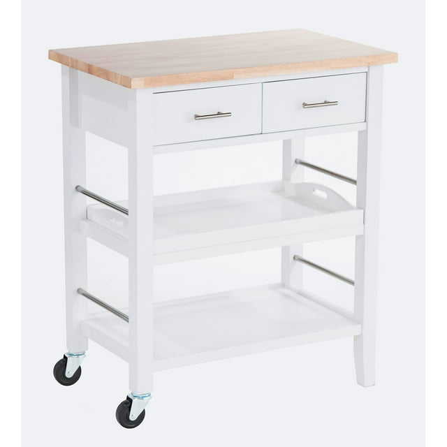 TRINITY Wood Kitchen Cart w/ Butcher Block Countertop, Drawers, Shelves ...