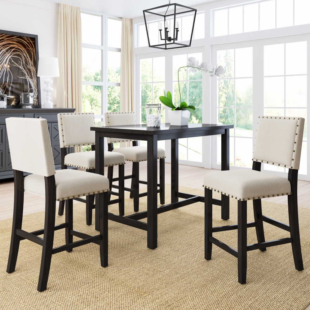 TRIPLE TREE 5-Piece Dining Furniture Set, Rustic Counter Height Table ...
