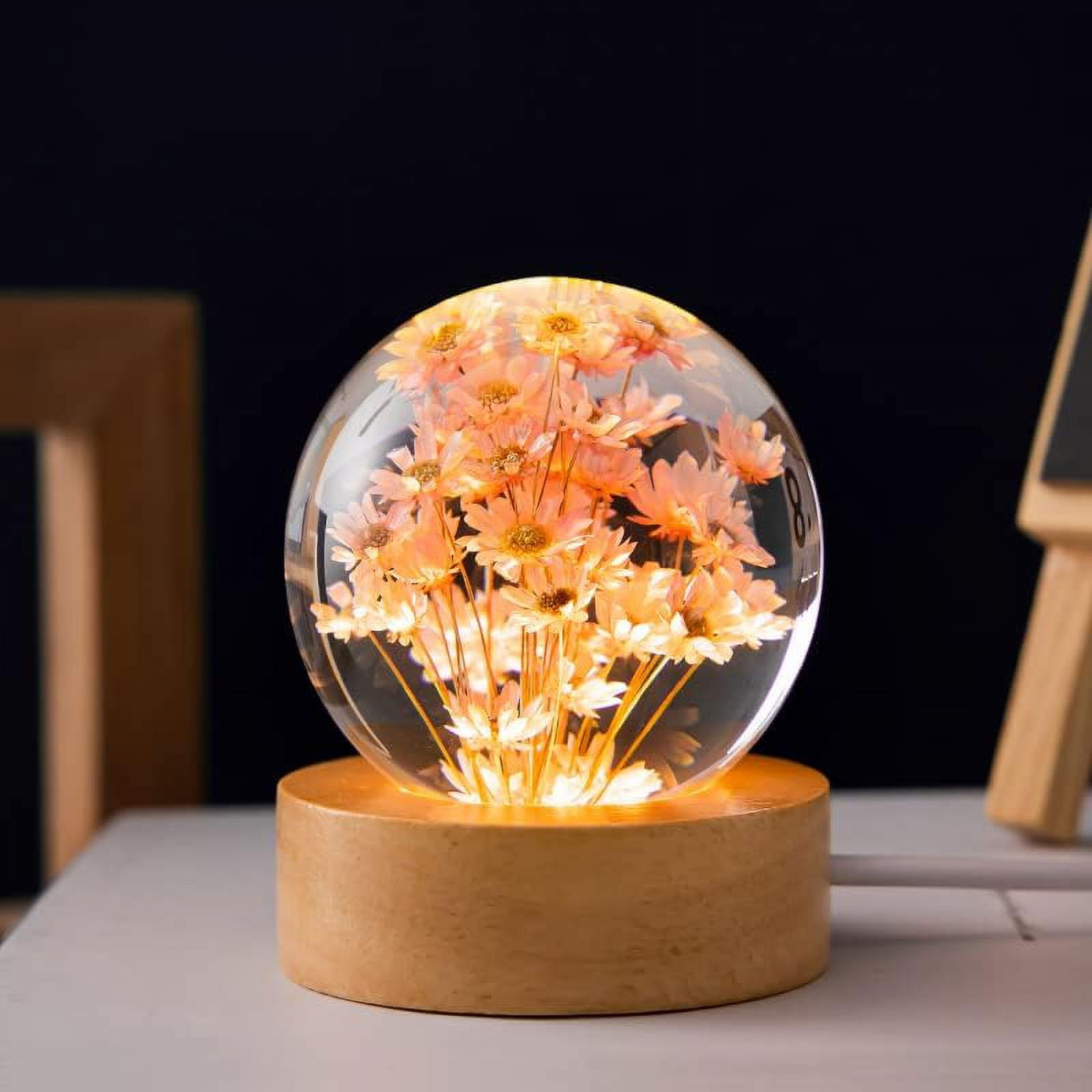 TRIPRO 2.4" Red Daisy Crystal Glass Ball Night Light with Wooden Base ...