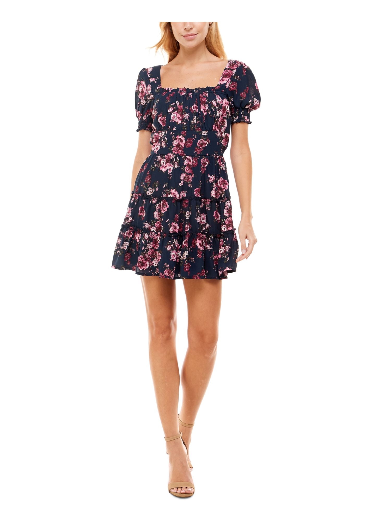 TRIXXI Womens Navy Stretch Smocked Ruffled Tiered Floral Pouf Sleeve ...