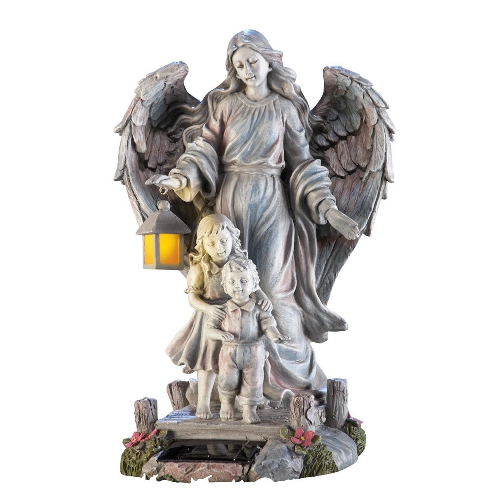 TRM Collections Etc Solar Guardian Angel & Children Garden Statue, Gray ...