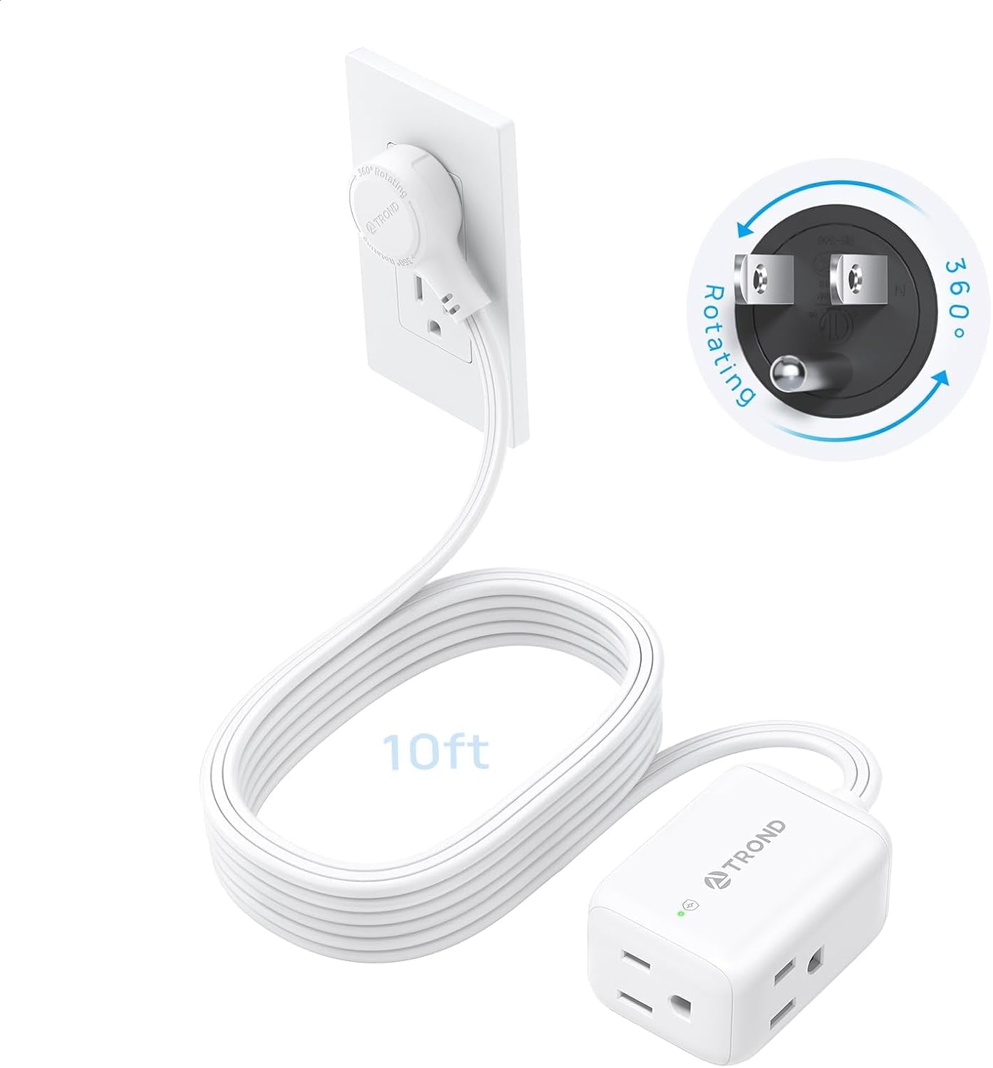 TROND 360° Rotating Flat Plug Extension Cord Surge Protector 10ft ...