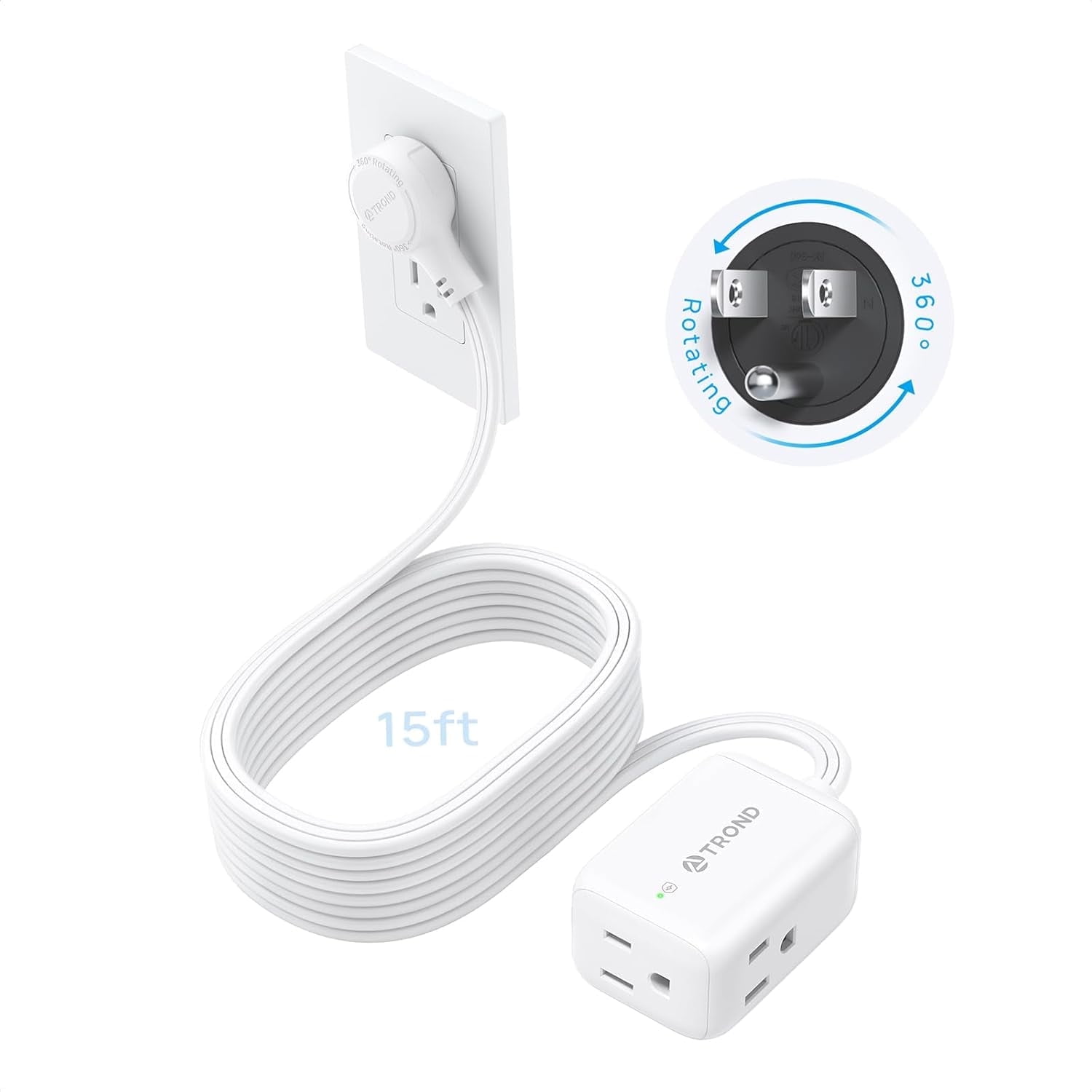 TROND 360° Rotating Flat Plug Extension Cord Surge Protector 15ft ...