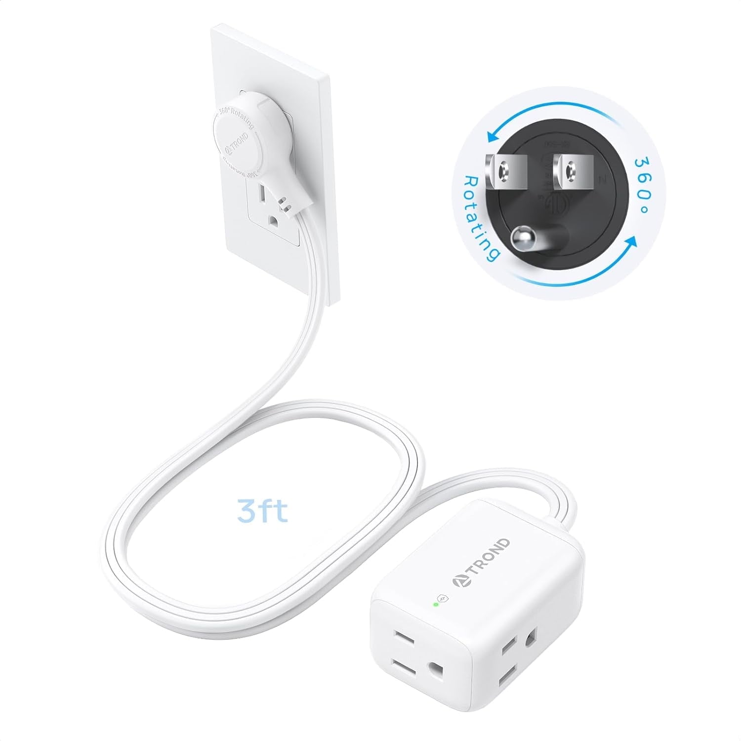 TROND 360° Rotating Flat Plug Extension Cord Surge Protector 3ft, Small ...