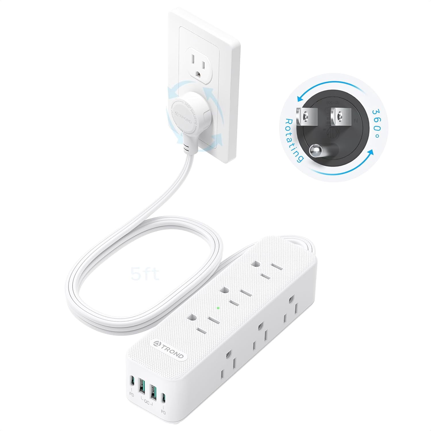 360° Rotating Flat Plug Power Strip with USB PD 20W 5FT Flat Extension ...