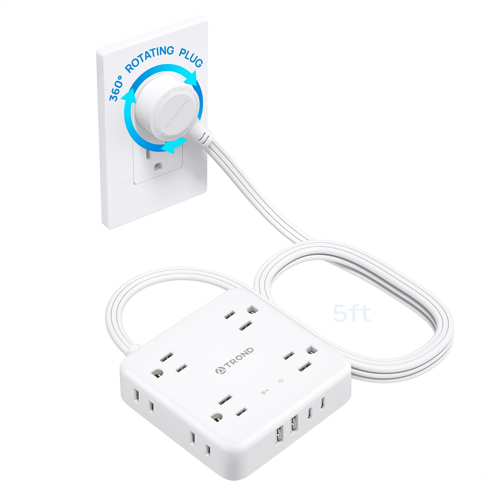 TROND 360° Rotating Plug Power Strip, 5FT Flat Extension Cord with ...