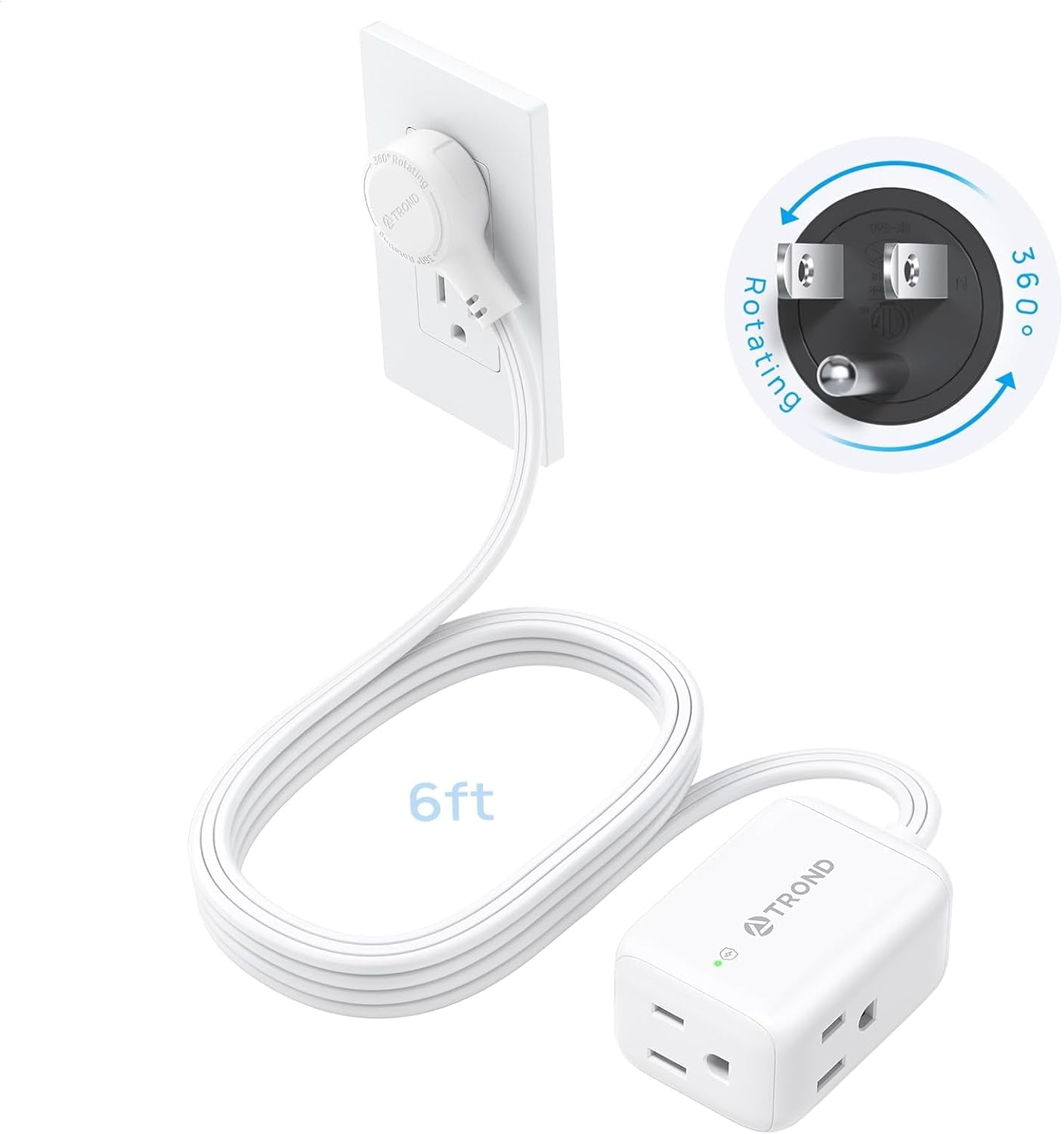 TROND Flat Extension Cord 6ft with 360° Rotating Plug, Low Profile ...