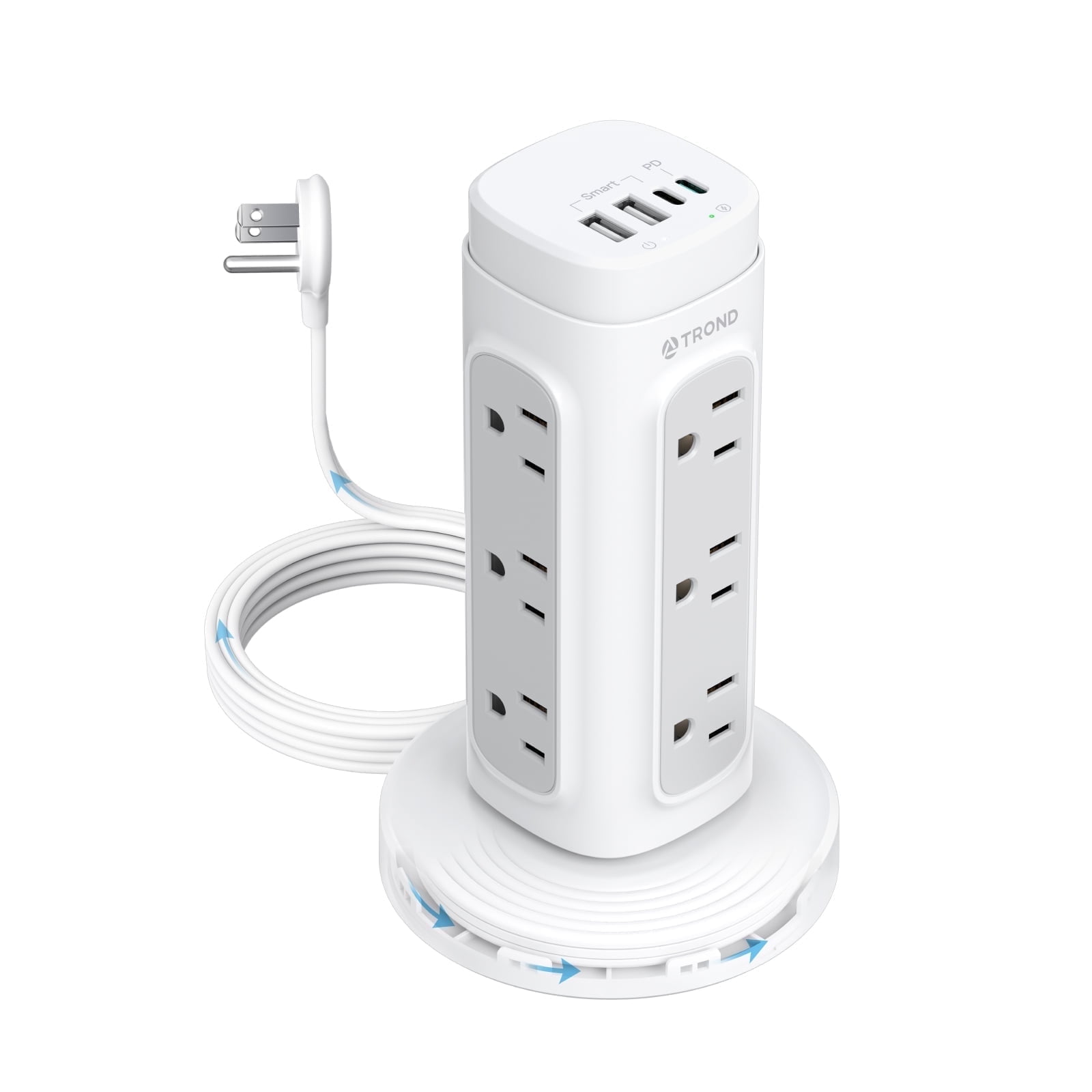 TROND Flat Plug Power Strip Tower, 10ft Retractable Extension Cord with ...