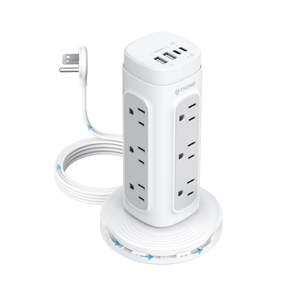 TROND Flat Plug Power Strip Tower, 10ft Retractable Extension Cord with ...