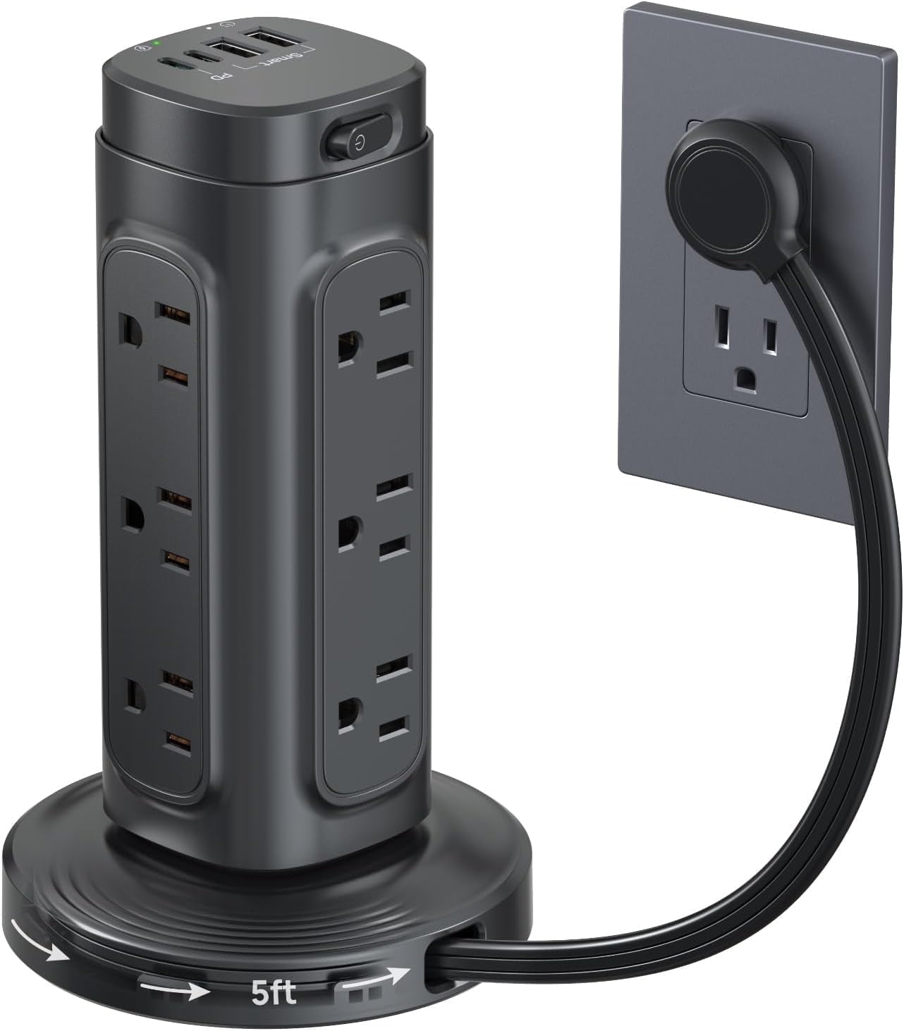 TROND Retractable Power Strip Tower - Flat Plug Surge Protector Power ...