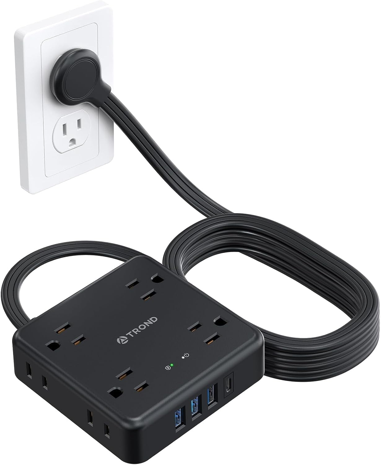 TROND Surge Protector Power Strip 10ft - Flat Plug Extension Cord, 8 ...