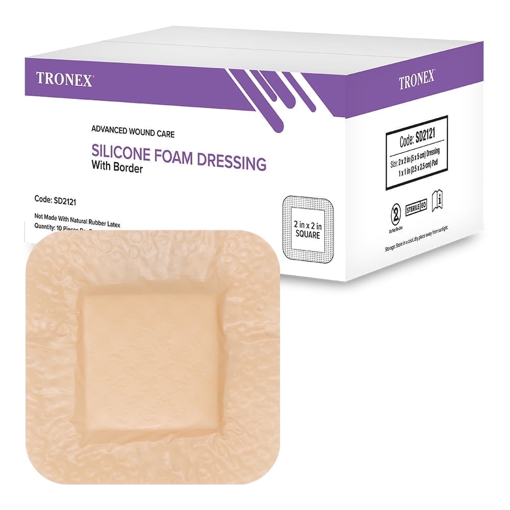 TRONEX SD2121 Silicone Foam Dressing 2”x2”, Adhesive Border, Waterproof ...