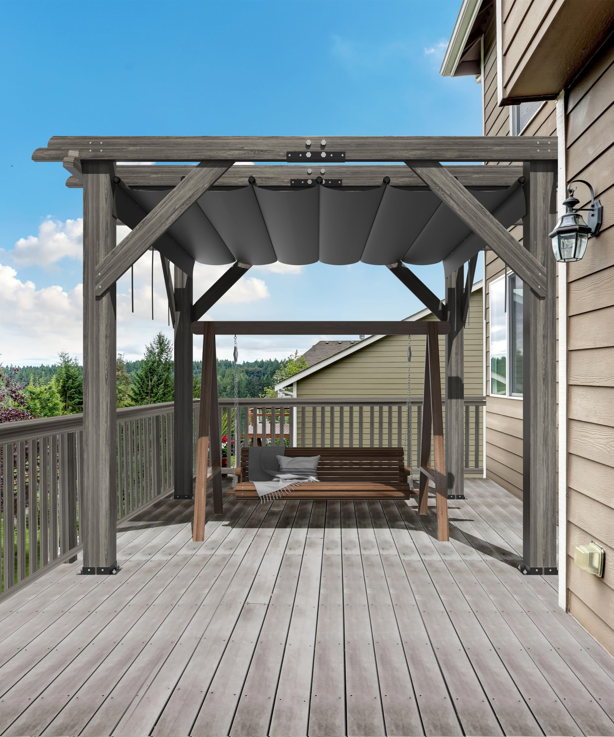 TROPOW 10'X 10' Cedar Wood Pergola with Solid Structure, Retractable ...