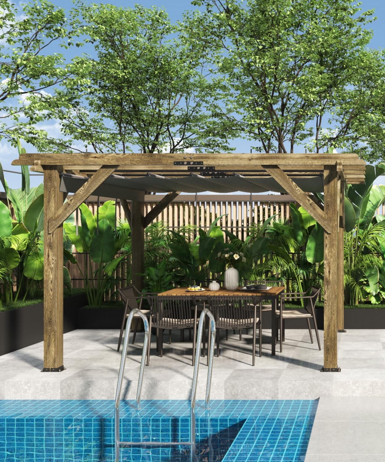 TROPOW 10'X 12' Cedar Wood Pergola with Solid Structure, Retractable ...
