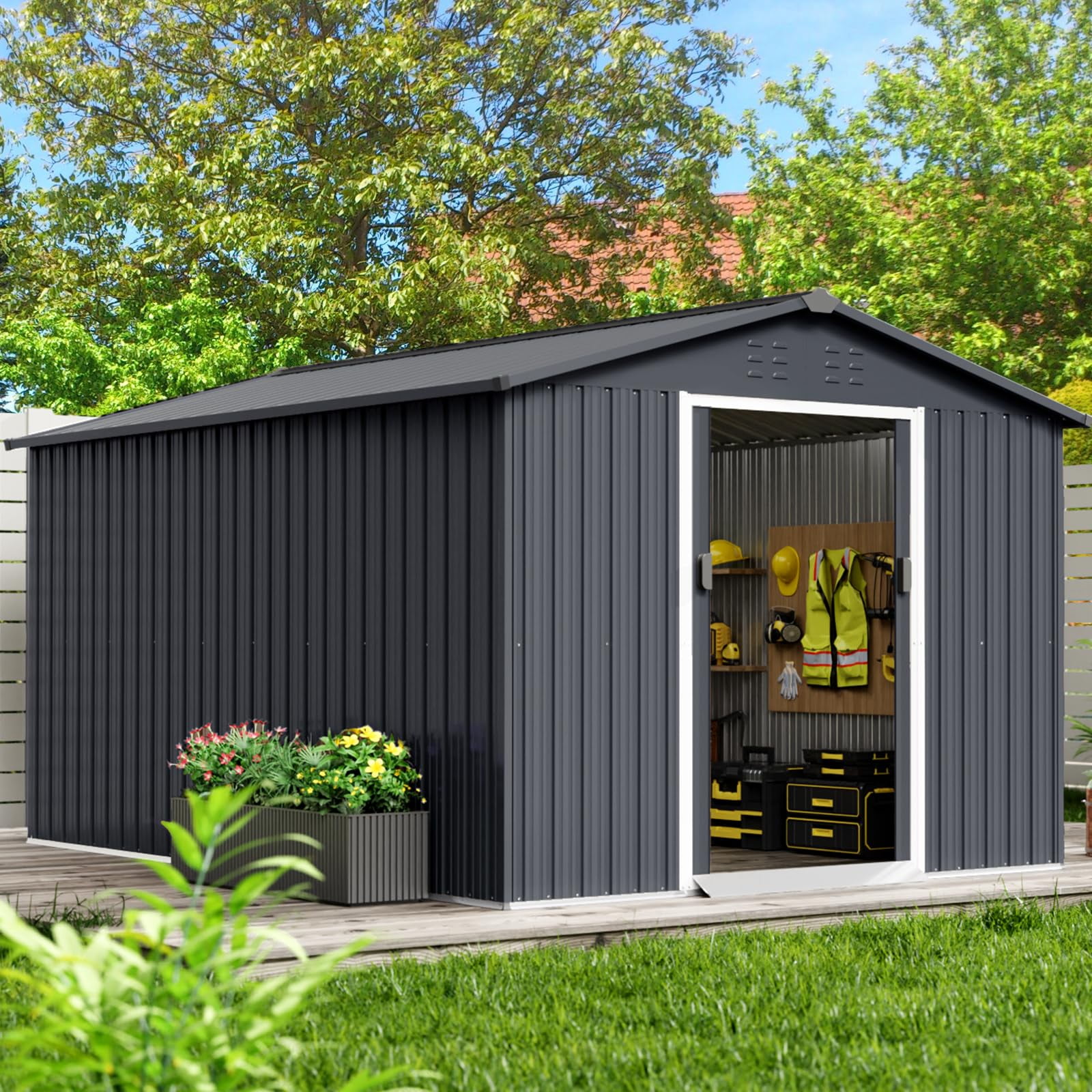 TROPOW 12 x 8 FT Metal Outdoor Storage Shed, All-Weather Resistant ...